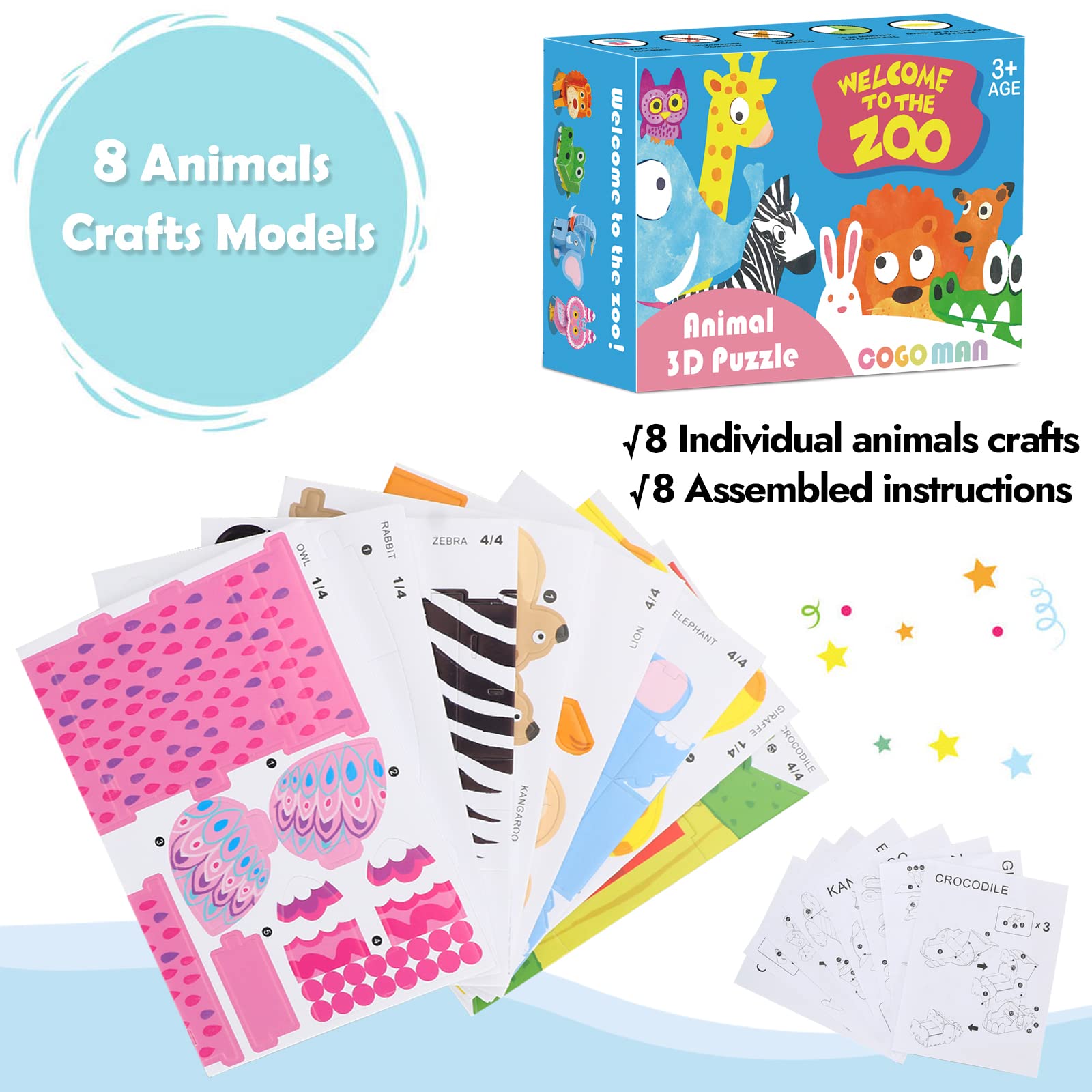 COGO MAN Animals Kids Arts and Crafts Welcome to The Zoo 8 Animals 3D Foam Puzzles Crafts for Kids Age 6 7 8 and Up