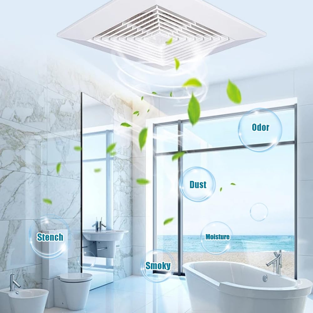 RLOZUI 8 inch Bathroom Exhaust Fan, 25W 90 CFM Bathroom Ventilation Fan Shower Ceiling Ventilation White Square Extractor Fan For Bathroom Kitchen Restroom Home Office