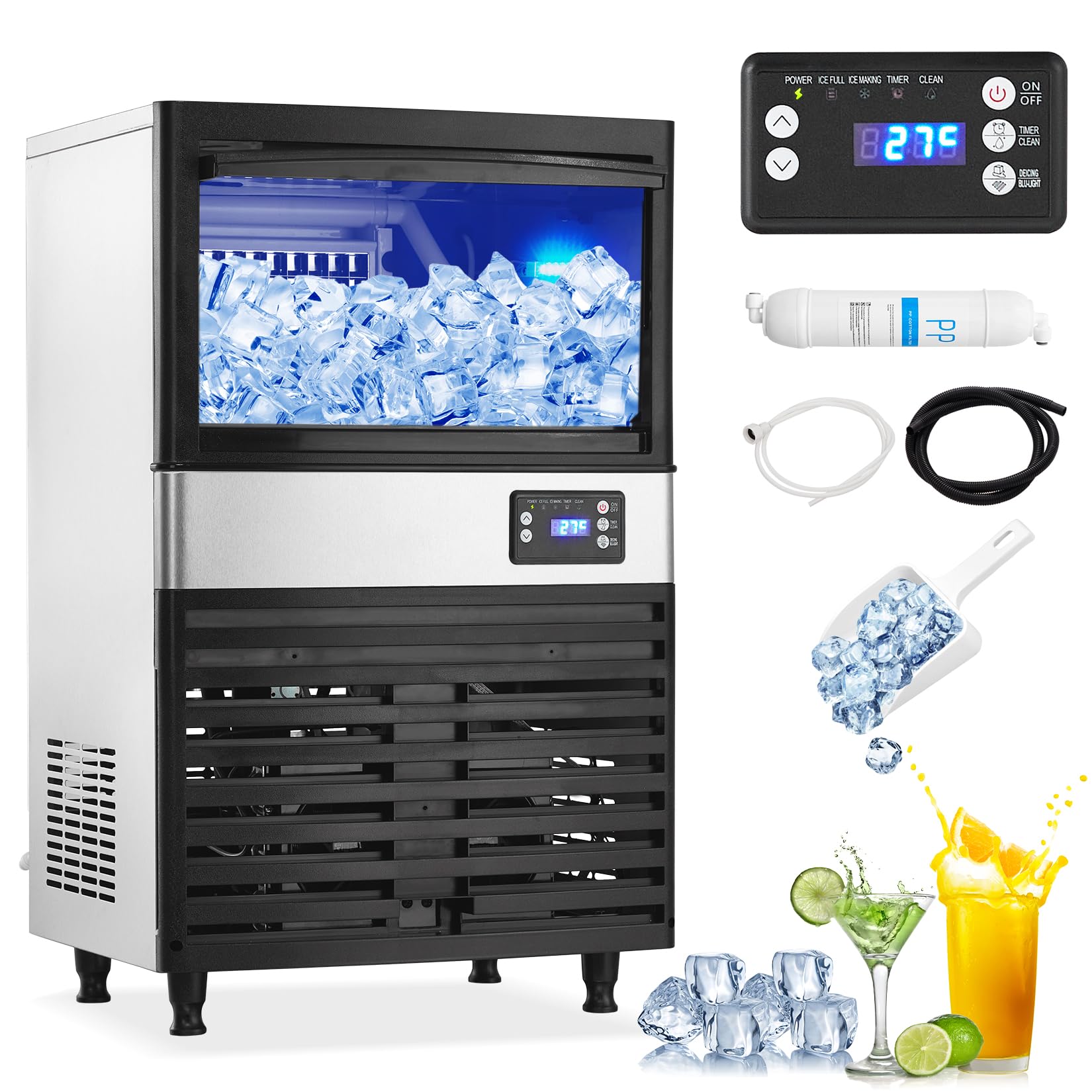 Commercial Ice Maker Machine, 150lbs/24H Stainless Steel Under Counter ice Machine with 30lbs Ice Storage Capacity, Freestanding Ice Maker for Bar Home Office Restaurant, 340W