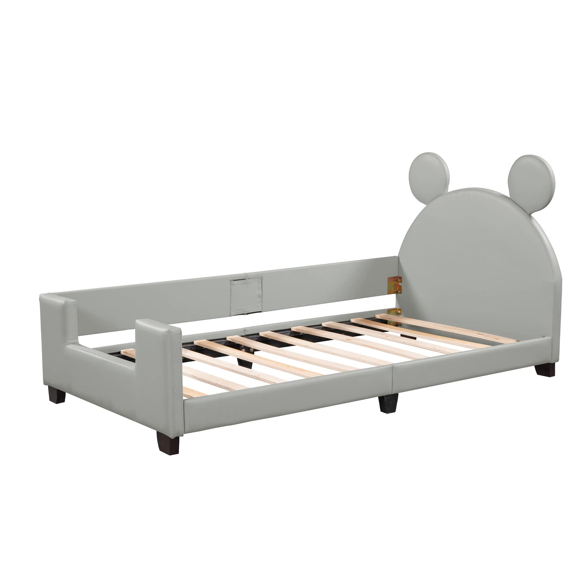 Bellemave Twin Upholstered Daybed with Carton Ears Shaped Headboard, Low Platform Bed Frame with Rails for Kids Girls Boys Teens, Gray