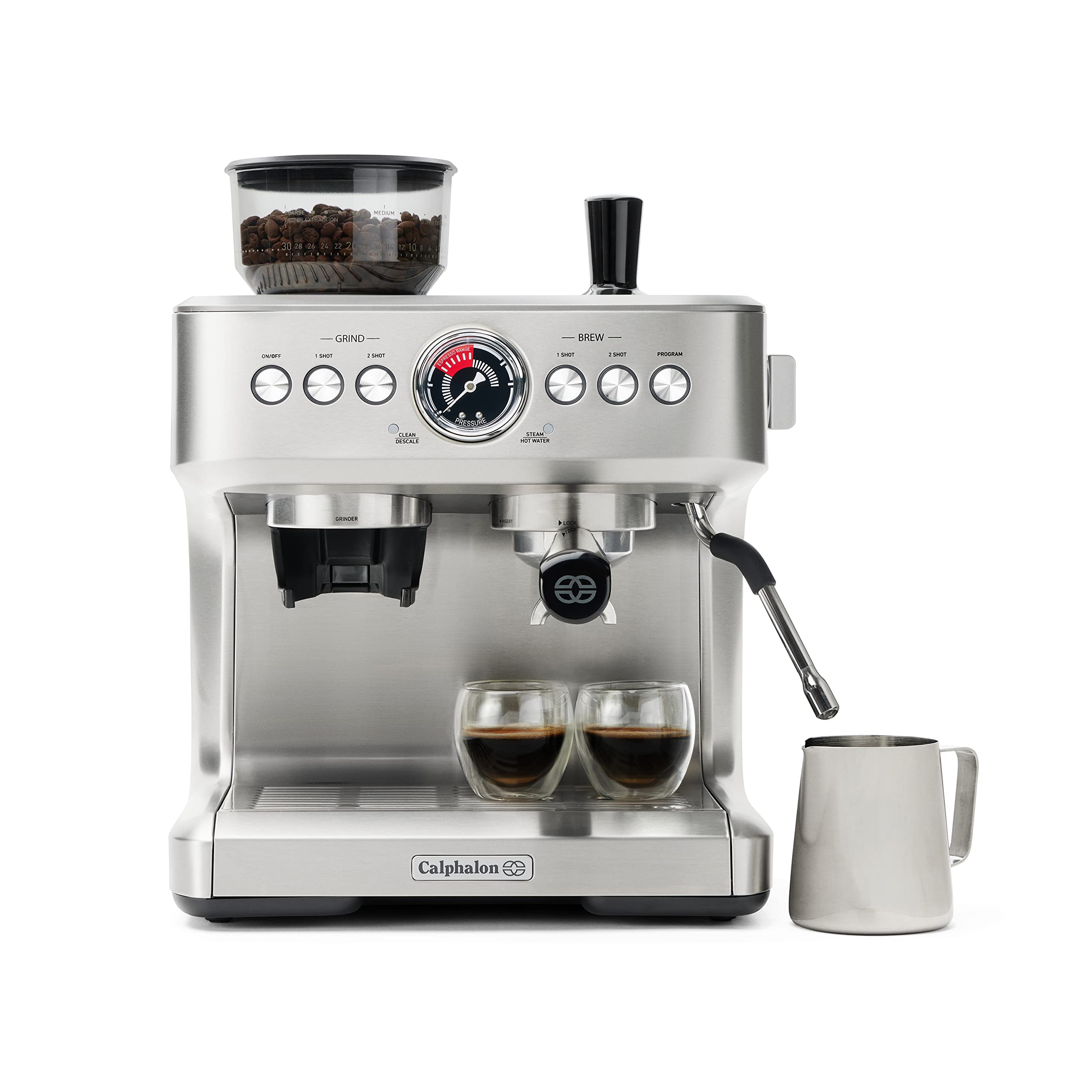 Calphalon Temp iQ Espresso Machine with Grinder, Dual Thermoblock, and Milk Frother, Home Espresso Machine, Stainless Steel