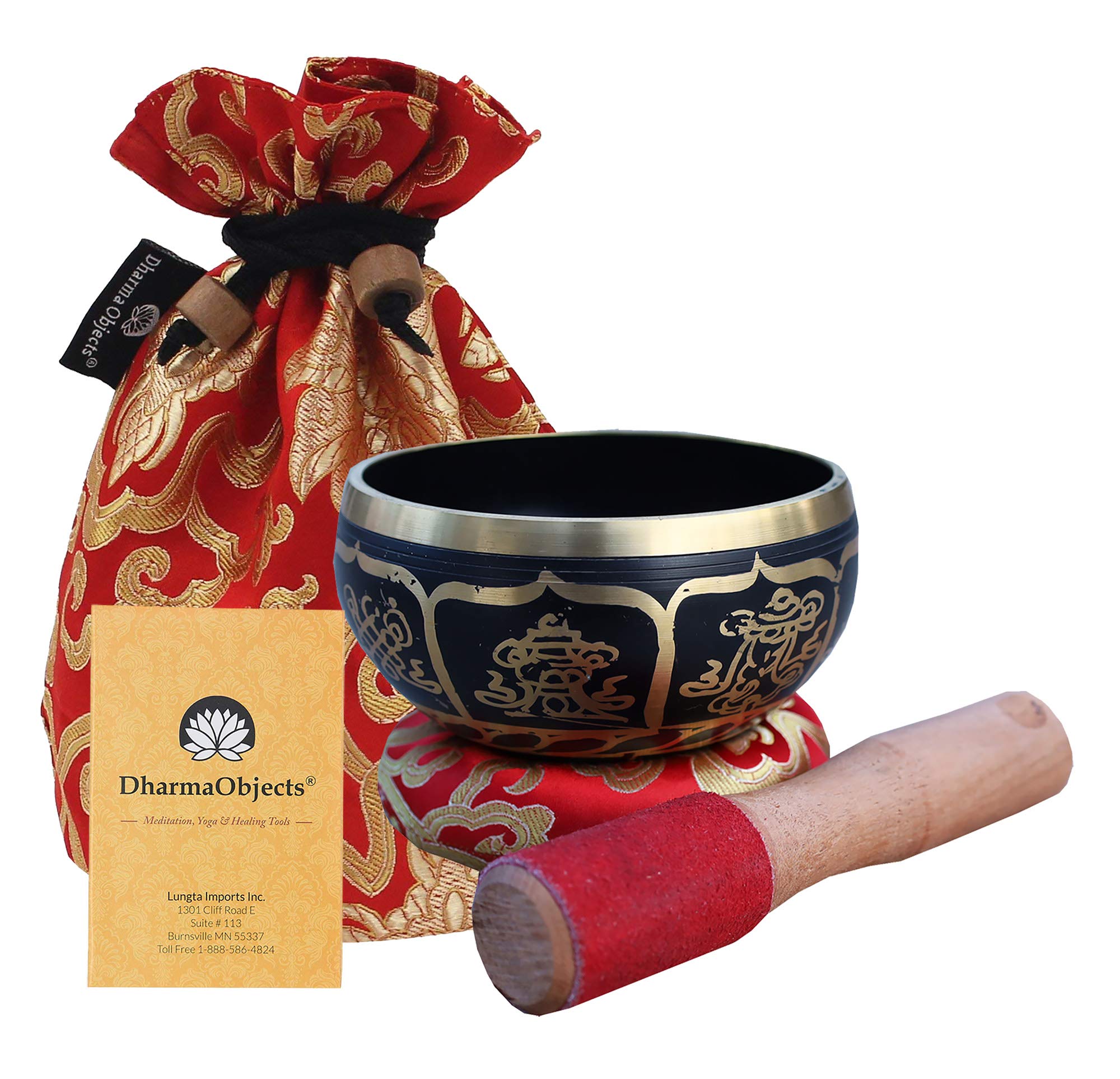 DharmaObjects ~ Tibetan 8 Lucky Symbols Singing Bowl Set ~ With Mallet, Brocade Cushion & Carry Bag ~ For Meditation, Chakra Healing, Prayer, Yoga