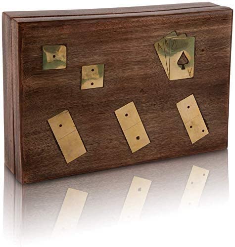 Great Gift Ideas Wooden Playing Card Box with 5 Dice & 28 Dominoes Tiles Game Set Deck Pack Case Holder Storage Accessories Organizer with Playing Cards Classic Table Game