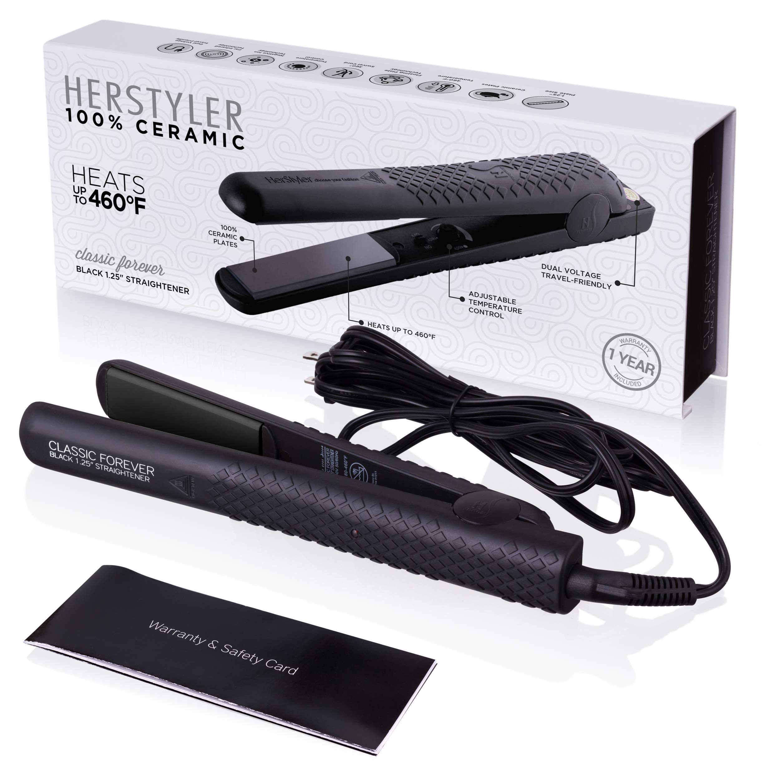 Herstyler Forever Straightening Flat Iron | Travel Friendly Dual Voltage 1.25 inch | Ceramic Hair Straightener For Silken Hair | Negative Ion Technology To Fight Frizz | Beautiful In Black