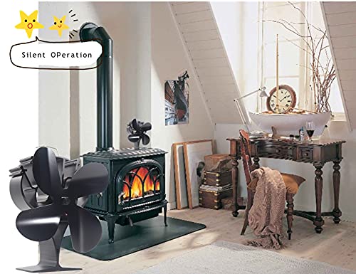 HEUNGBERANT Wood Burning Stove Fan Heat Powered Fireplace Fan for WoodLog BurnerFireplace, Black… (4 blades)