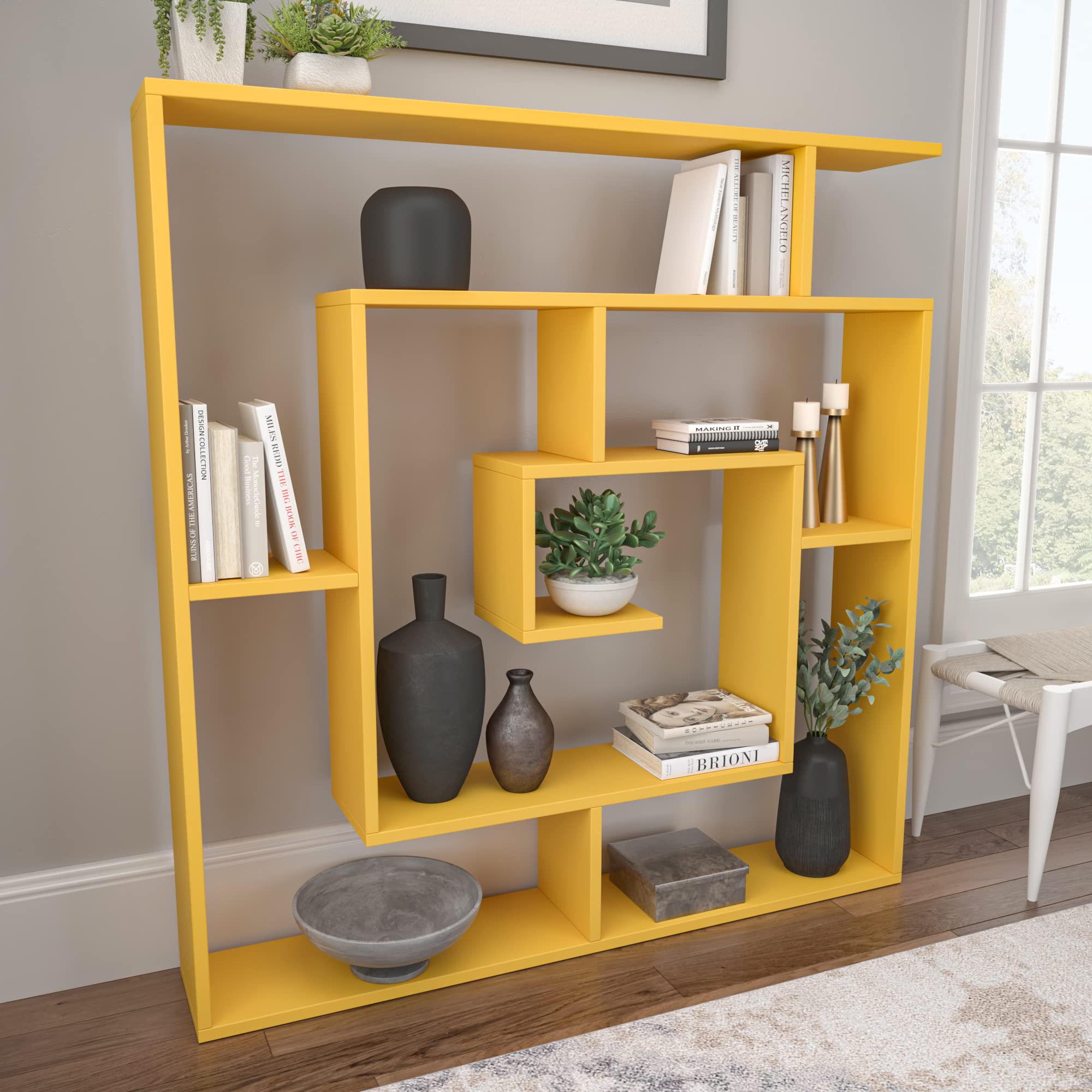 Ada Home Decor Briscoe Modern Mustard Bookcase 50.2'' H x 49.2'' W x 8.66'' D/Shelving Unit/Bookshelf