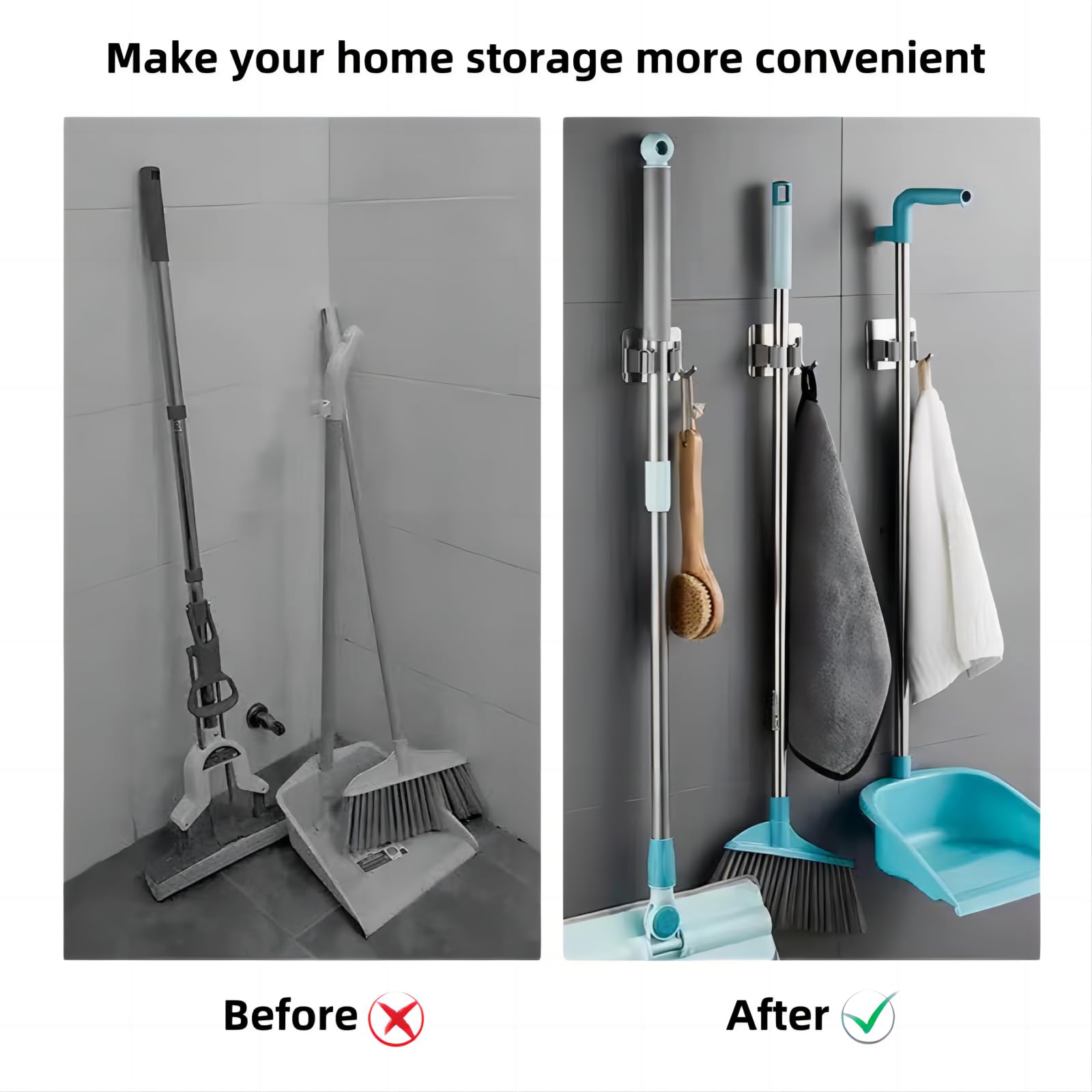 Mop Broom Holder No Drill StainlessSteel, Mop Broom Organizer Wall Mounted Heavy Duty with Hooks Hanger,Anti-Slip Adhesive Hook Broom Holder Wall Mount,Self Adhesive 4Pcs for Bathroom, Kitchen, Office