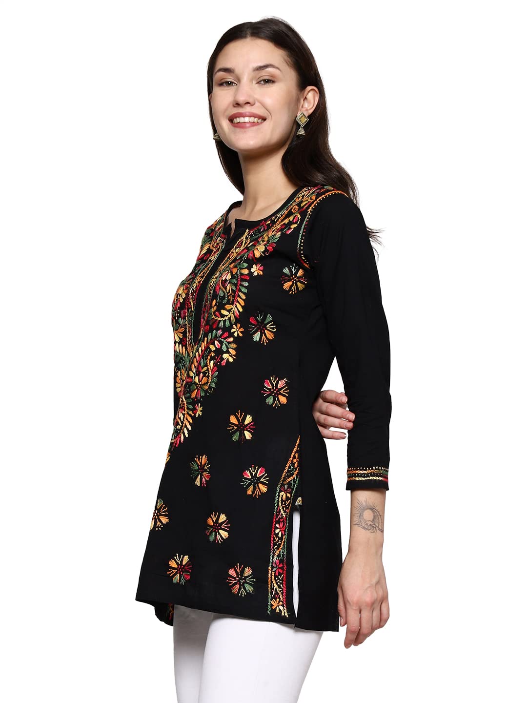 Ada Indian Hand Embroidered Chikankari Black Cotton Top Tunic Kurti A225311 (Large)