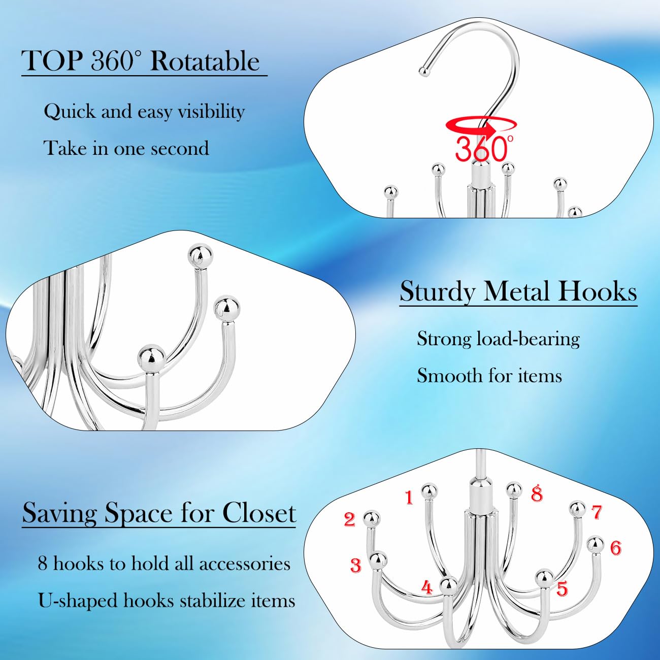 Belt Hanger, Belt Organizer for Closet Organizers and Storage, Rotatable Space Saving Hangers Rack Holder Hooks for Hanging Tie, Hat, Scarf, Tank Top, College Dorm Room Essentials Accessory Organizers