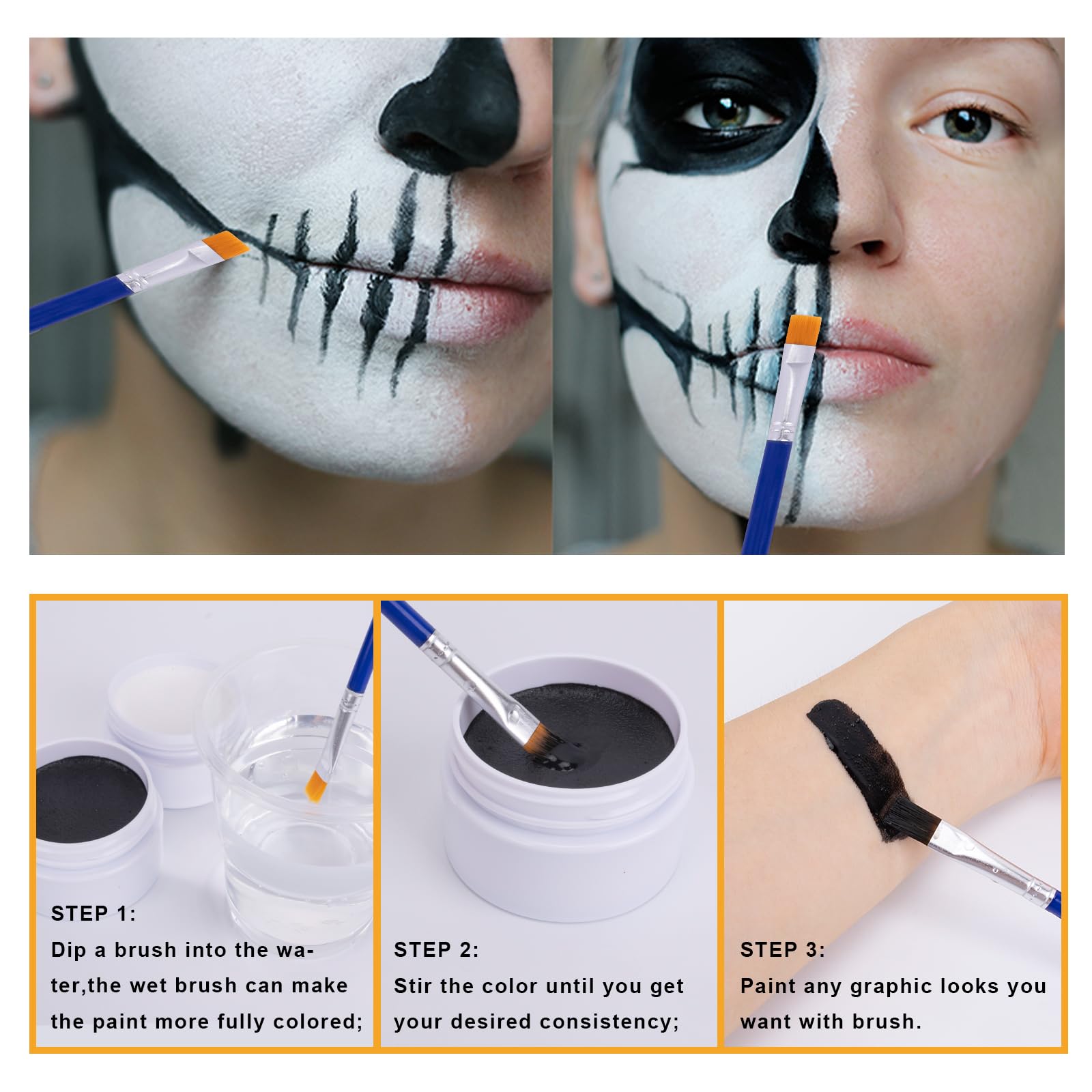 Black and White Face Paint,Halloween Skeleton Face Paint Kit with 2Pcs Painting Brushes,Water Based Body Paint for Adults & Kids,SFX Makeup Palette for Zombie,Joker,Clown,Cosplay,Costume,Theater