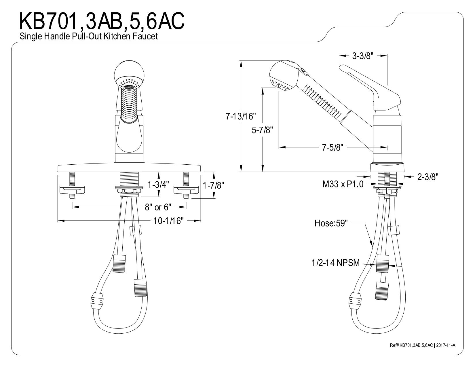 Kingston Brass KB701 Wyndham Pull-Out Sprayer Kitchen Faucet, 8", Polished Chrome