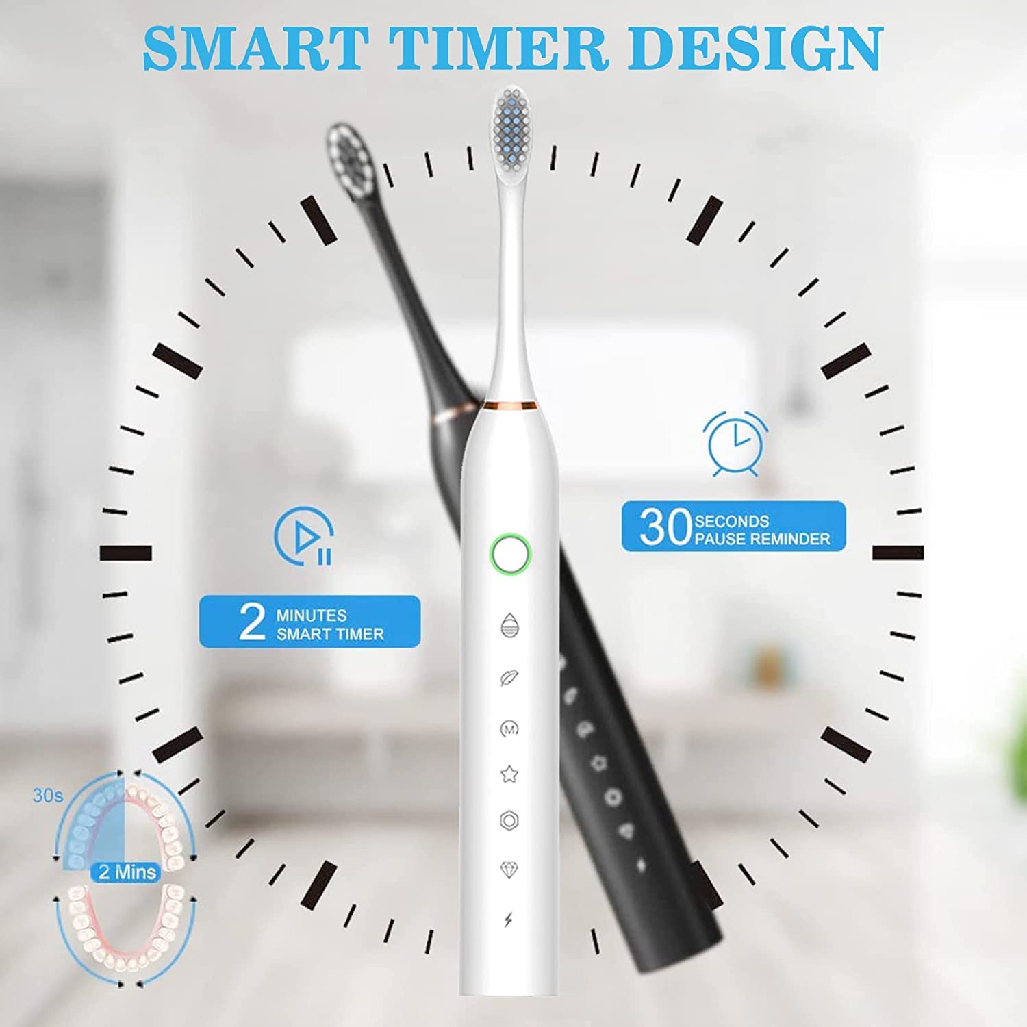 Bluvuphy 2 Pack Electric Toothbrushes Sonic Toothbrush Whitening with 8 Brush Heads, 6 Cleaning Modes and Smart Timer, for Adults Rechargeable Waterproof Cleaning Toothbrushes(Black+White)
