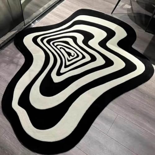 Black and White Abstract Striped Irregular Shape Area Rug 3ft Faux Wool Ultra Soft Rug for Livingroom Bedroom Diningroom Aesthetic Home Office Decor Playroom Carpet