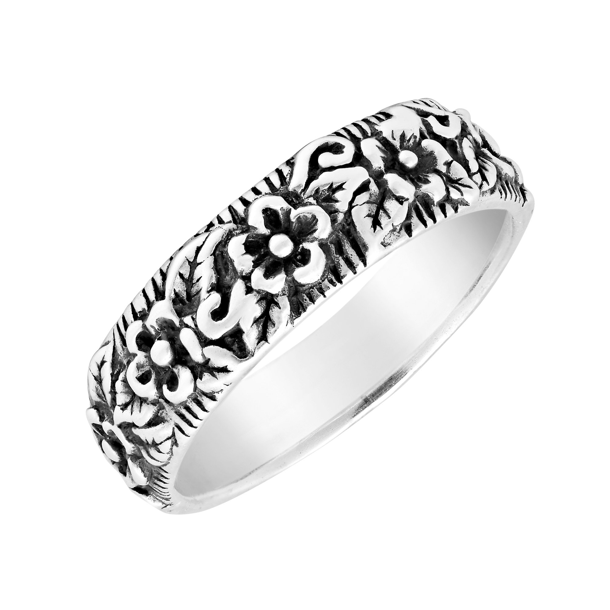 AeraVida Vintage Inspired Band of Flowers .925 Sterling Silver Ring (6)