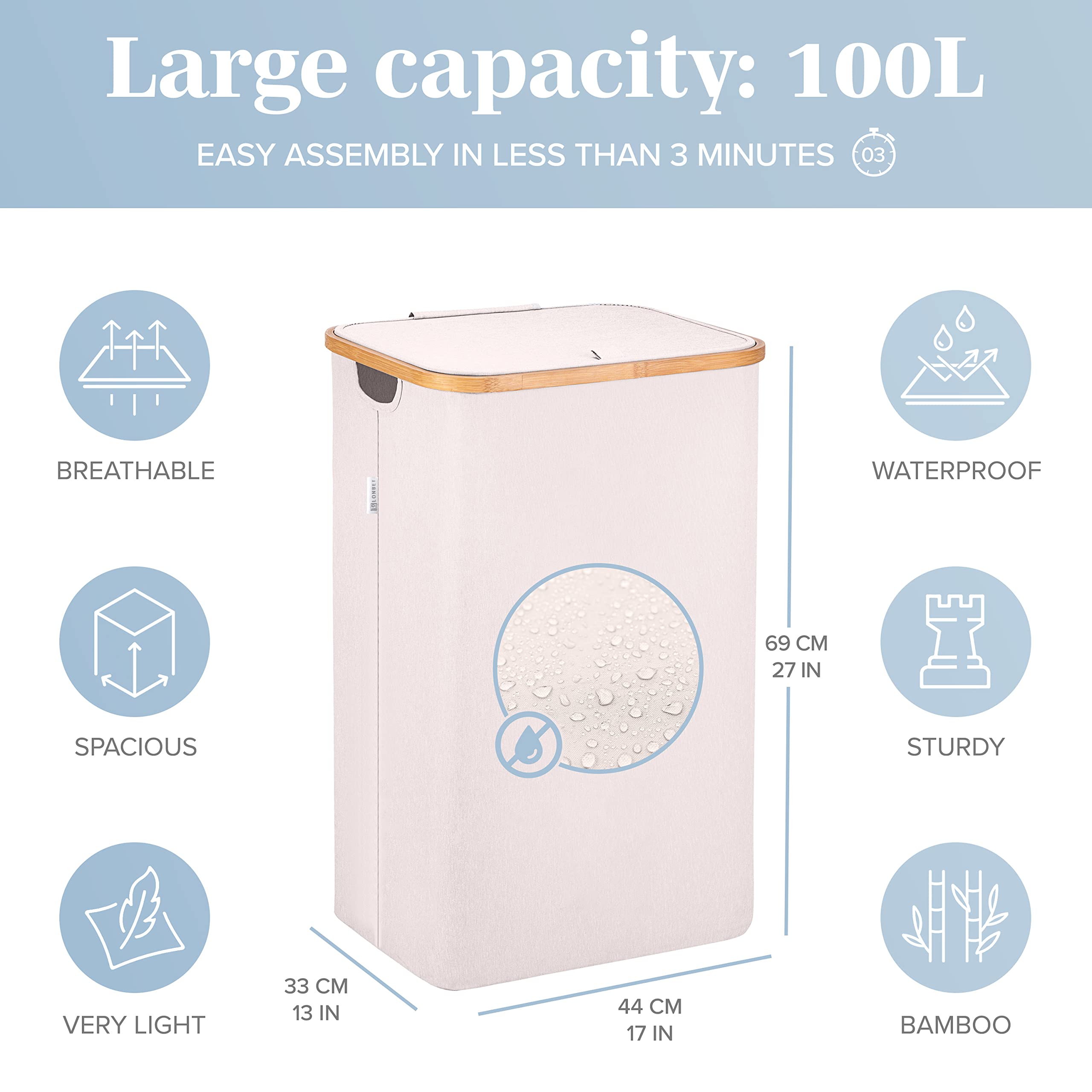 Lonbet - Laundry Hamper with Lid Cover - Sturdy Tall Bamboo Laundry Basket Clothes Organizer - Aesthetic Bedroom Fabric Bin - Big Bathroom Dirty Clothes Hamper - Removable Bag - XL 100 Liters - Beige