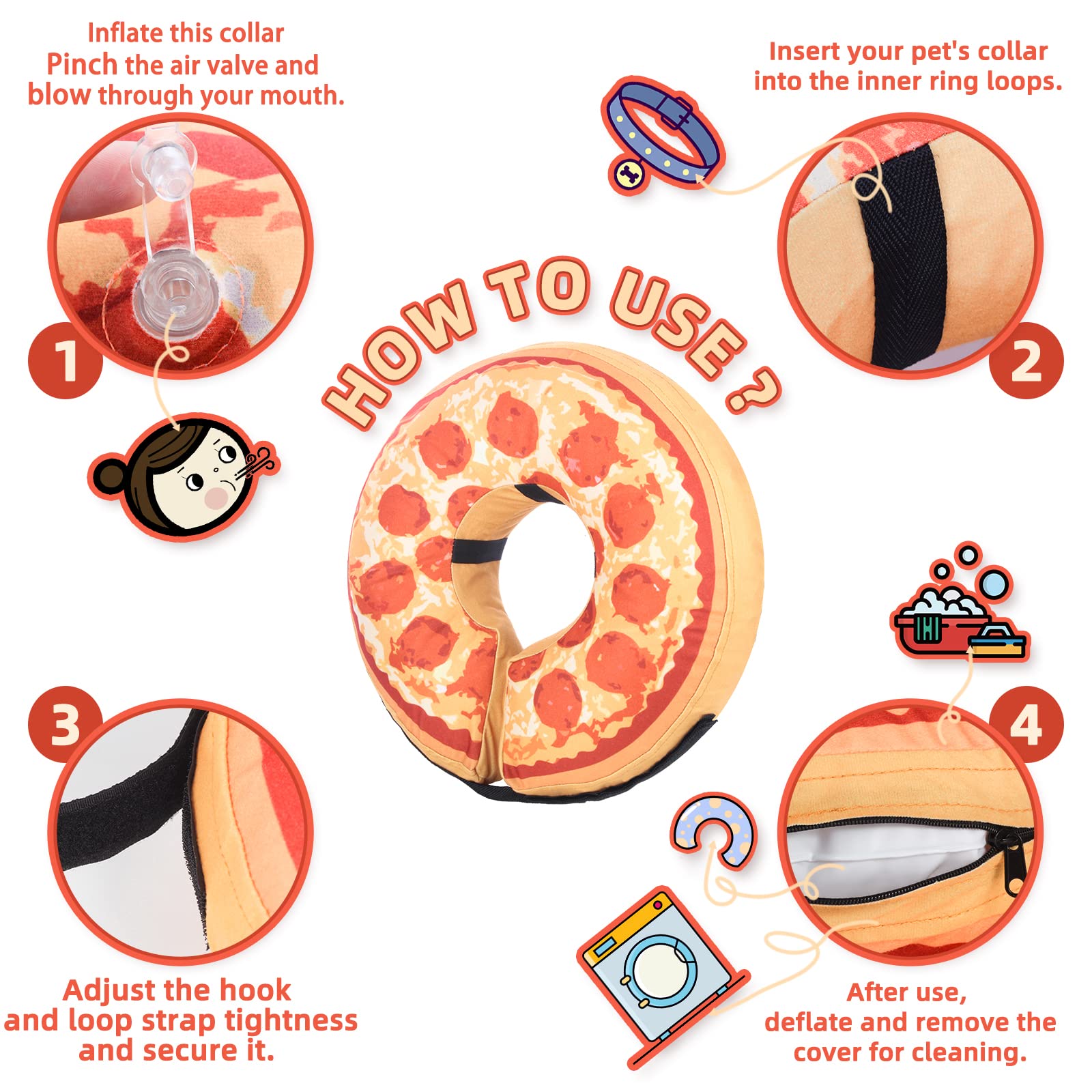 Inflatable Dog Cone Collar,Soft Protective Collar for Dogs and Cats Recovery Pet Cone, E-Collar Dog Neck Pizza Dog Cone After Surgery(No Pump)