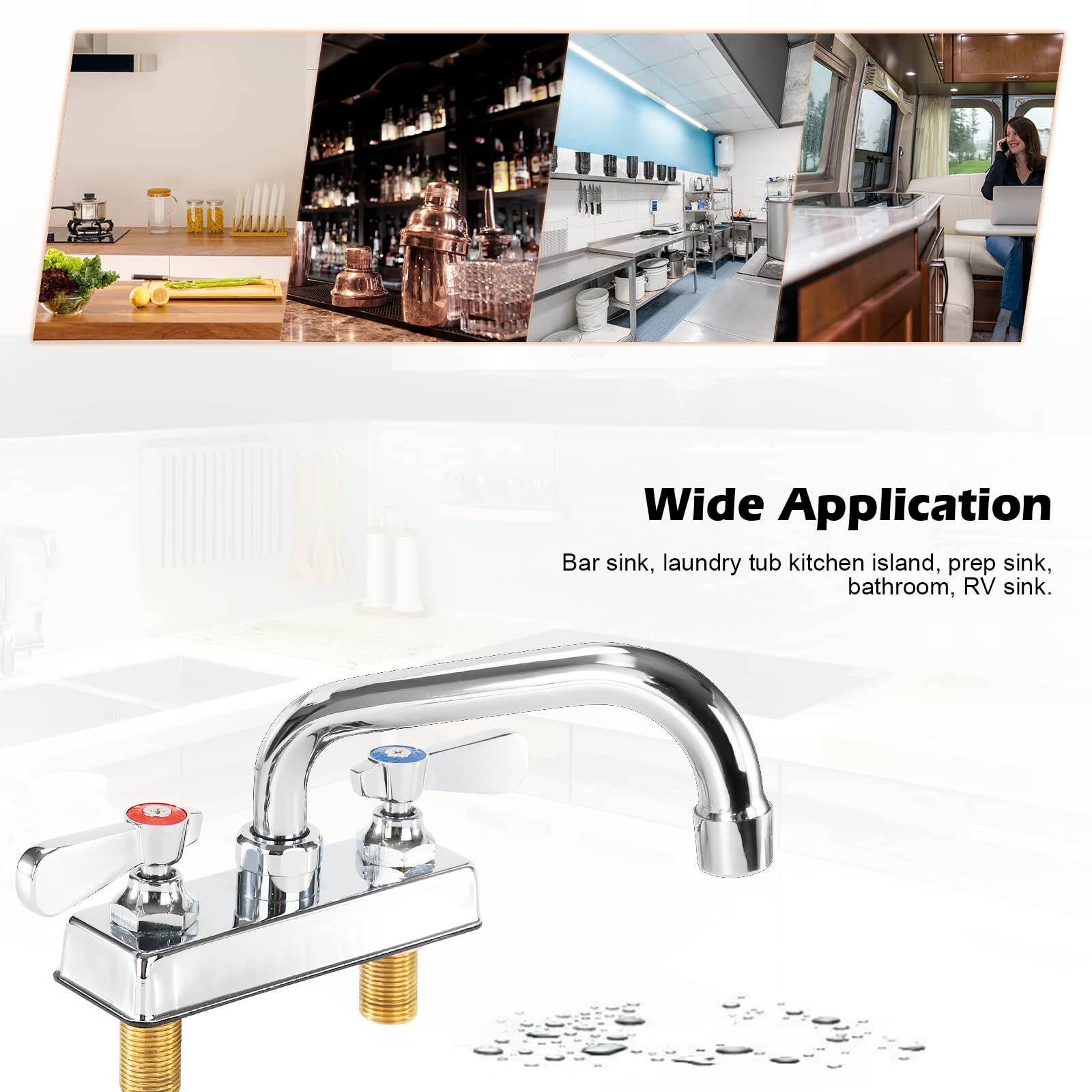Commercial Bar Sink Faucet 4 Inch Center Deck Mount Bar Sink Faucet 2 Hole Brass Constructed & Chrome Polished with 12" Swivel Spout & Dual Lever Handles