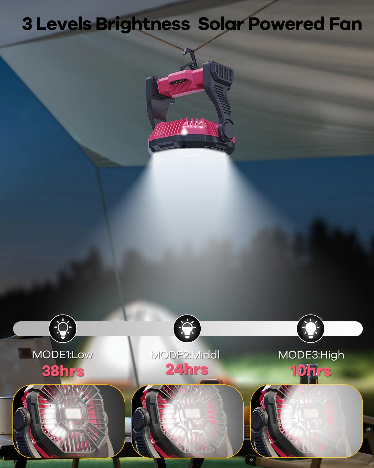 Art In Real 10400mAh Solar Powered Fan, Portable Solar Fan with LED Lantern, Camping Fan with 7W Solar Panel, Stepless Speed Battery Powered Fan for Travel, Camping,Office,Outdoor&Indoor(Pink)