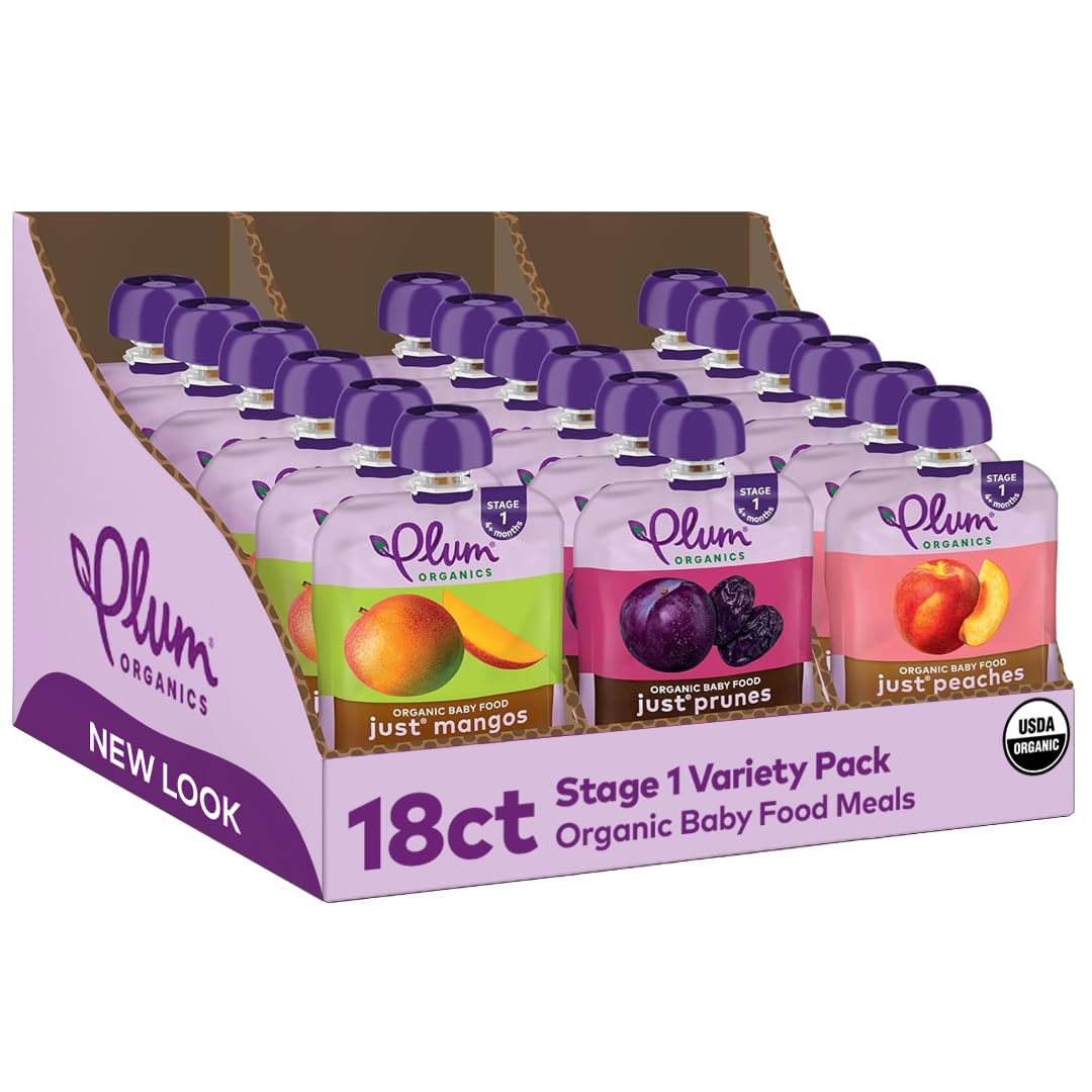 Plum Organics Stage 1 Organic Baby Food - Just Mangos, Just Prunes, and Just Peaches Variety Pack - 3.5 oz Pouch (Pack of 18)