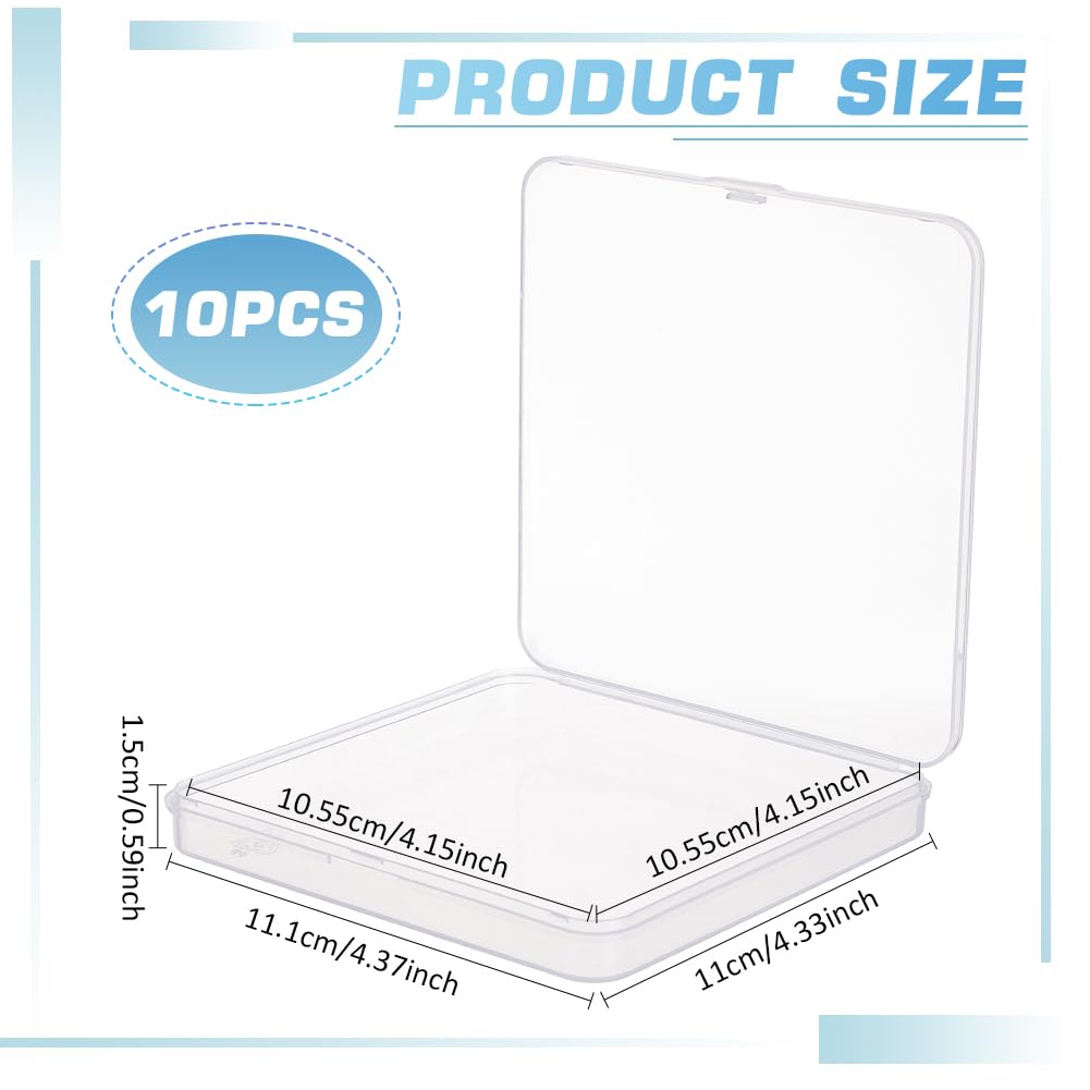 BENECREAT 10 Packs Square Plastic Storage Boxes, 4.3x4.3x0.6inch Clear Bead Storage Containers Box with Hinged Lid for Beads Cards and Other Craft Accessories