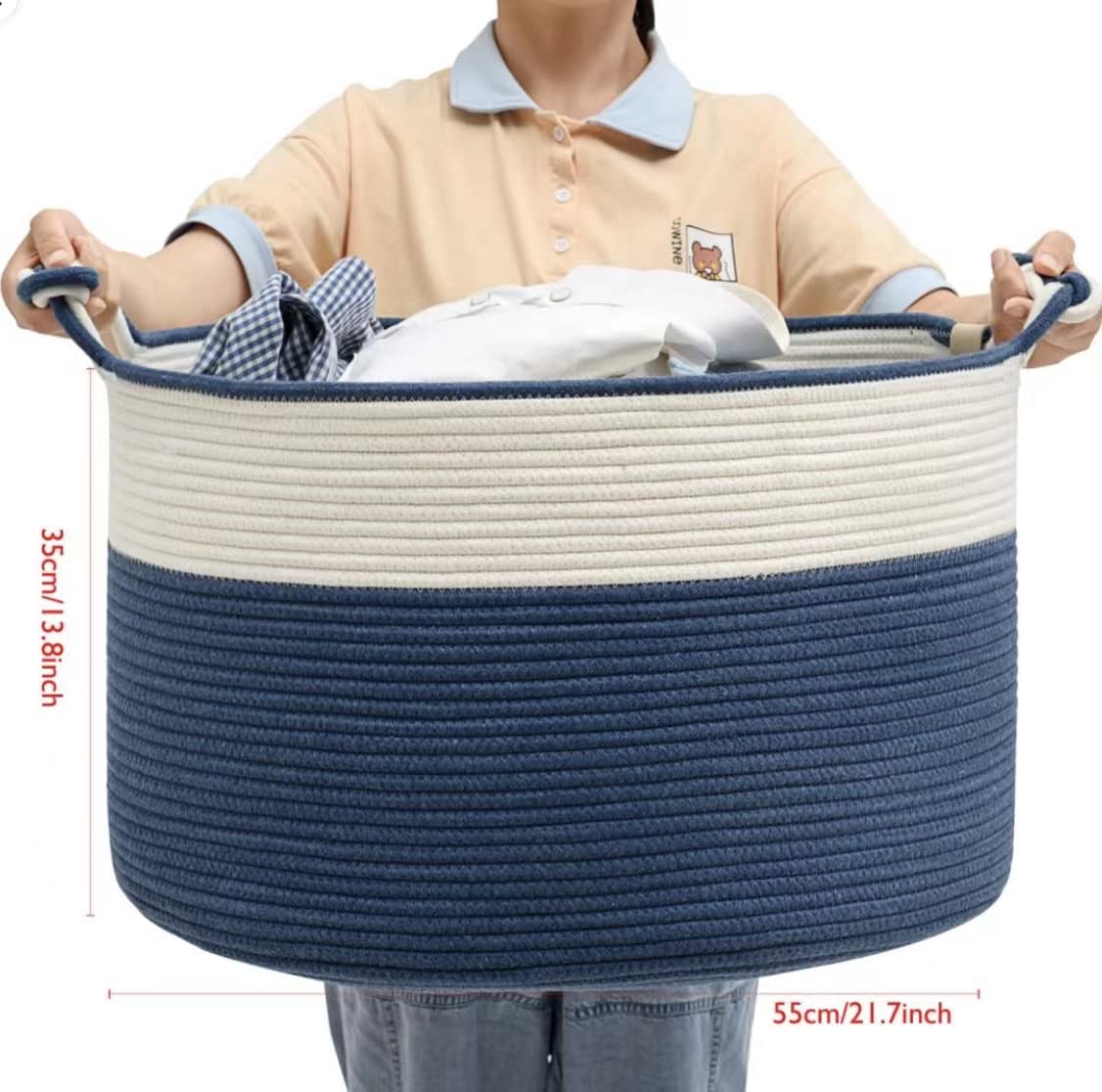 ART pinecone 2pc Extra Large(21.7*13.8) & Small(11.8*7.8) Cotton Rope Basket, Round Woven Storage Basket, Cute Toy Basket, Baby Nursery Hamper, Shelf Decorative Bin, Blue & White