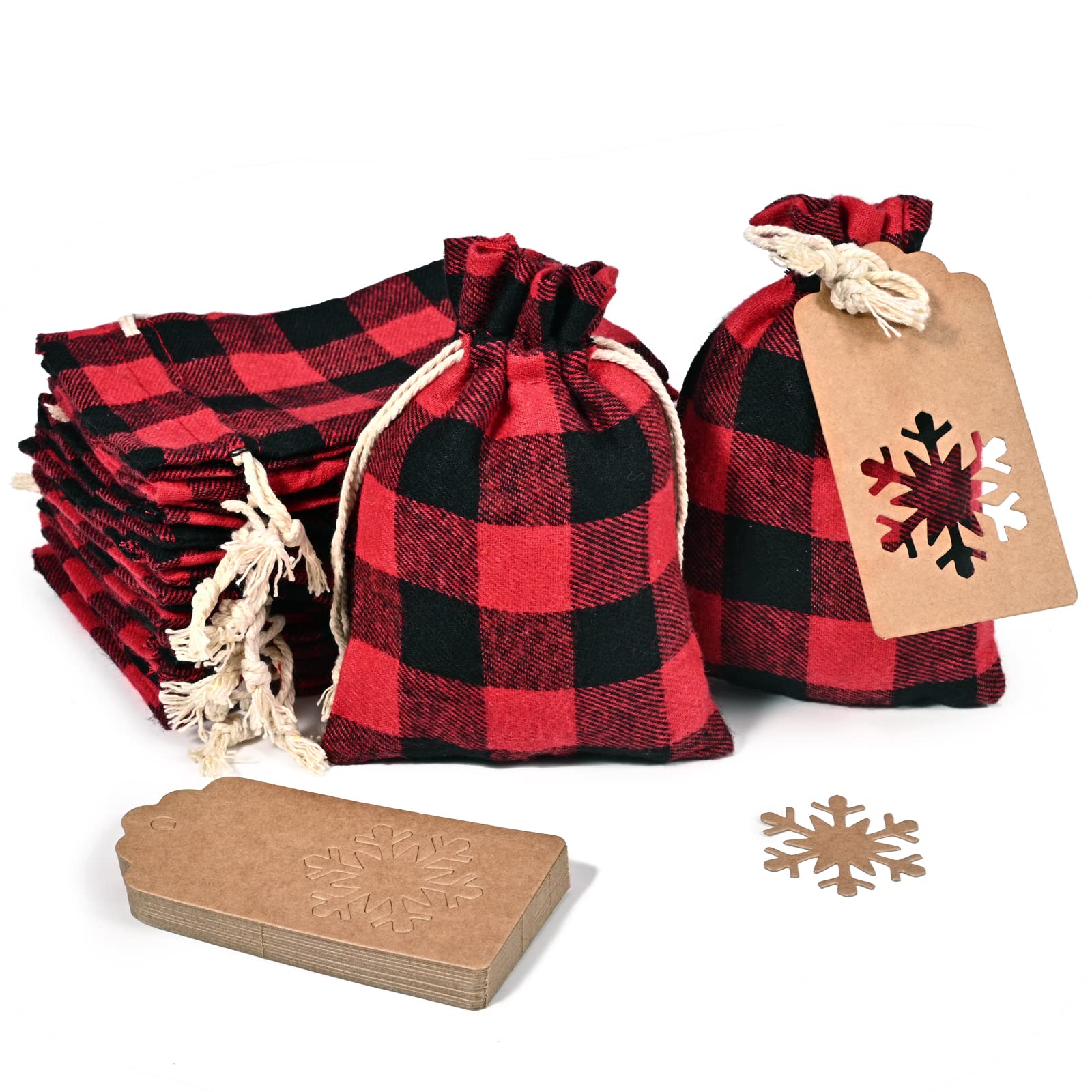 FUSHENMU 24pcs Buffalo Plaid Christmas Drawstring Gift Bags Mini Xmas Candy Party Favor Bags with Kraft Gift Tags for Christmas Party Supply