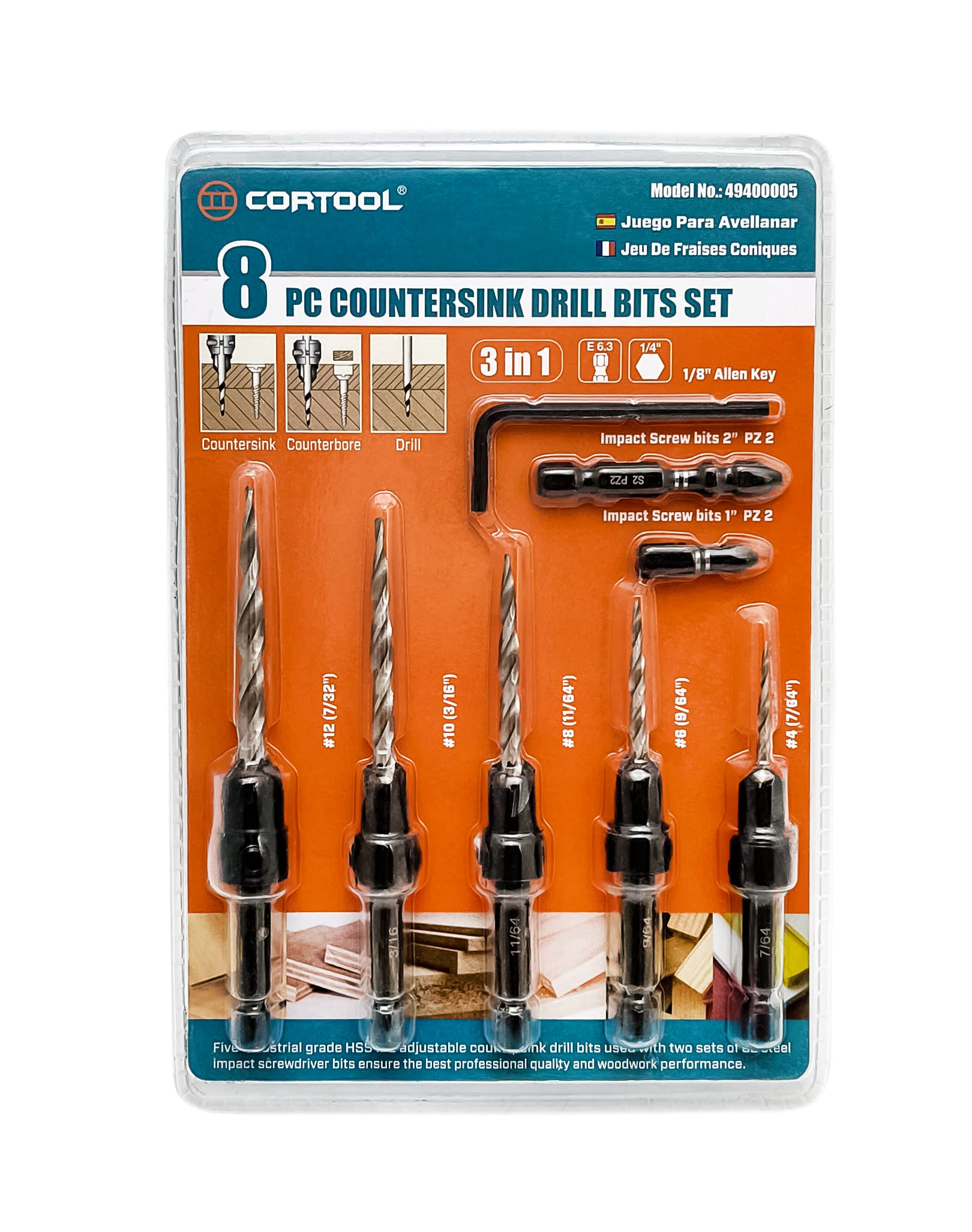 Countersink Drill Bit Set for Wood Countersink Drill Bit with 1/4" Hex Shank Quick Change, Impact Screwdriver Bits and Allen Wrench, 8-Piece Countersinker Drill Bit Set for Woodworking