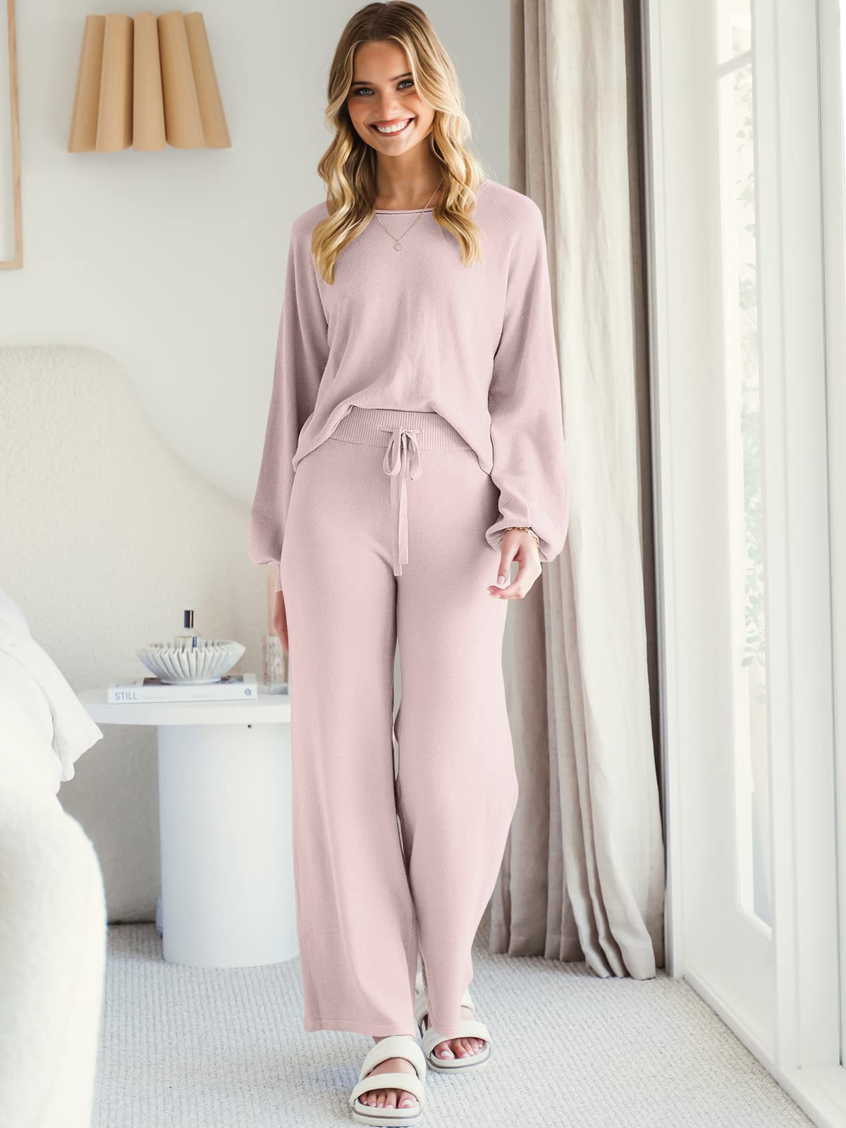 ANRABESS Women’s Two Piece Crop Top & Wide Leg Pants Lounge Sweater Sets 2024 Fall Knit Sweatsuits Cozy Trendy Outfits Pink Large