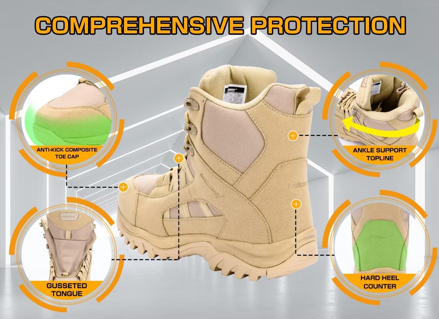 Ansbowey Mens 6" YKK Side Zip Hiking Boots Outdoor Trekking Backpacking Boot Mid Top Hiker Boot for Men Brown Sand 13 US