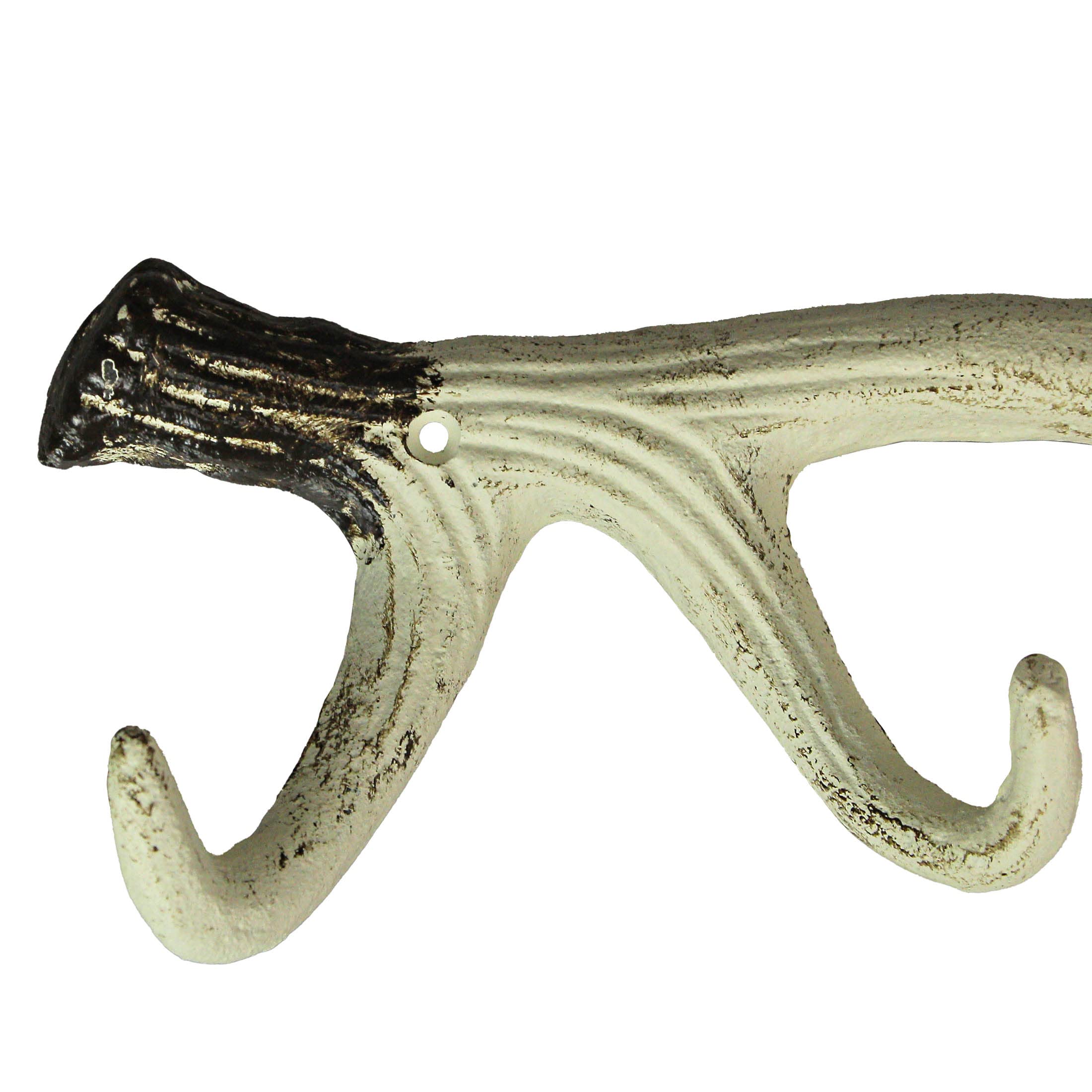 Zeckos Painted Brown and White Cast Iron Deer Antler Wall Mounted Hook Rack Coat Towel Key Hat Hanger - Easy Install - Lodge, Cabin Or Western Décor 16 Inches Long
