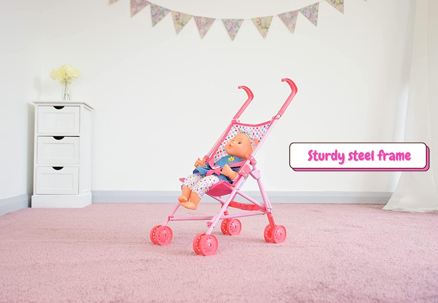 KOOKAMUNGA KIDS Baby Doll Stroller β Umbrella Stroller for Dolls - Foldable & Lightweight Baby Stroller for Dolls - Play Stroller w/ Sturdy Steel Frame - Ideal for Baby Dolls up to 18" - Pink Unicorn
