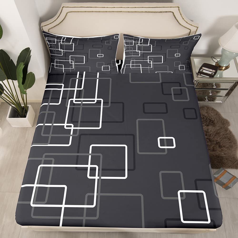 Black Grey White Sheet Set,Geometric Square Bed Sheets for Kids Boys Girls,Geometry Ombre Stripes Bedding Set King,Modern Simple Style Fitted Sheet Wrinkless + Top Sheet + 2 Pillowcases Bedroom Decor