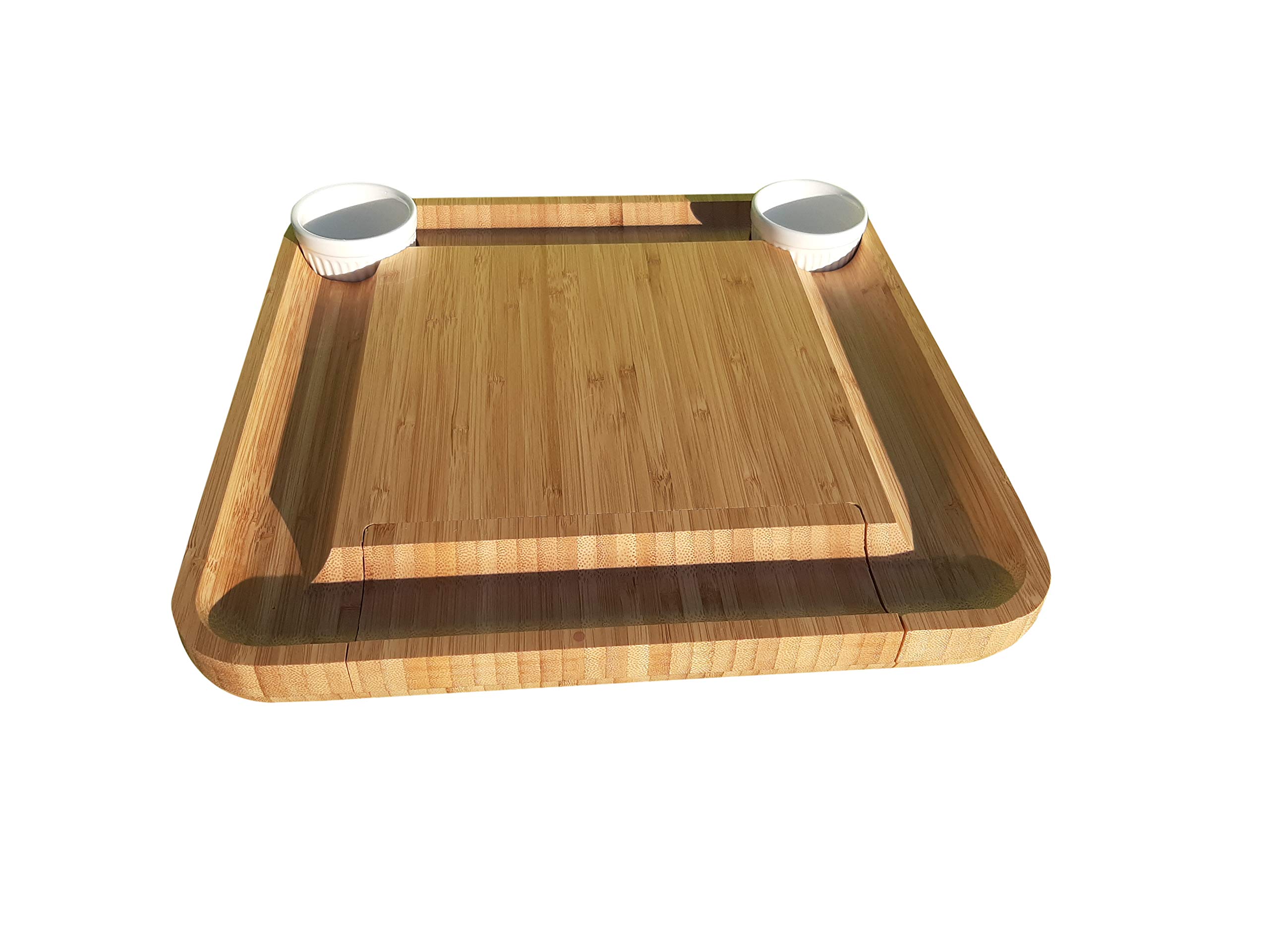 Premium Bamboo Cheese Board with Stainless Steel Knife Set and Ceramic Cups | Great Gift Idea | Size 13.3'' x 13.3'' x 2.2''