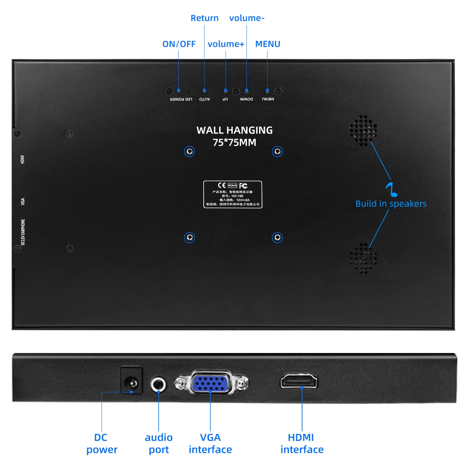 Bnztruk 14 Inch Portable Monitor 1920x1080 Full HD IPS Screen Display with HDMI & VGA Port for Raspberry Pi, Laptop, PC, MacBook, Xbox, PS3,PS4,60HZ,5ms, PC 16:9 External Display