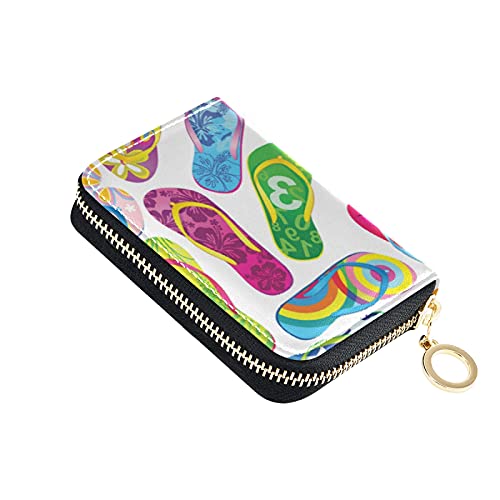 Colorful Flip Flops Beach Sandals On White Grey Credit Card Coin wallet, RFID Blocking Compact Women Leather Card Holder, Key Change Organizer, Zipper Purse Clutch Pouch Pocket