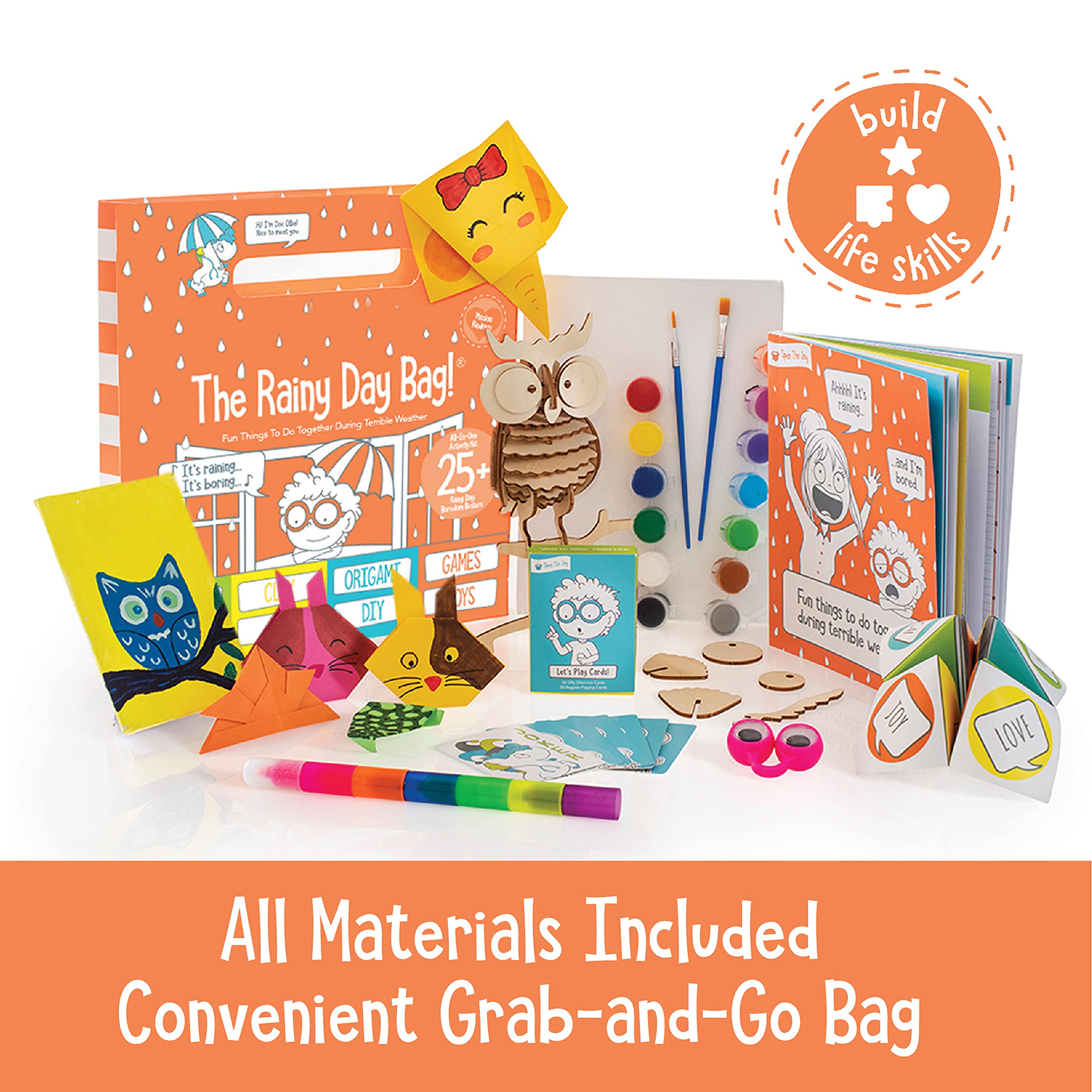 Open The Joy Rainy Day Activities for Kids, Activity Bag Includes Wooden DIY Project, Card Games, Activity Booklet, Craft kit for Kids Ages 4+