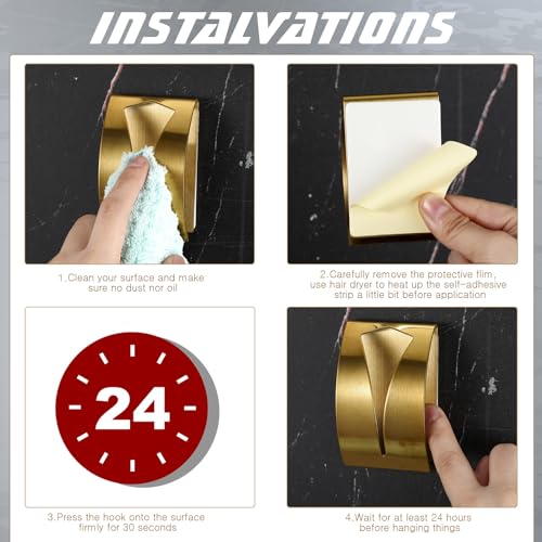 Boao 4 Pcs Self Adhesive Towel Hook Holder Grabber Stainless Steel Kitchen Dish Towel Hook Wall Mount Non Drilling Towel Hangers Rack Hand Towel Hook Tea Towel Holders for Bathroom (Gold)