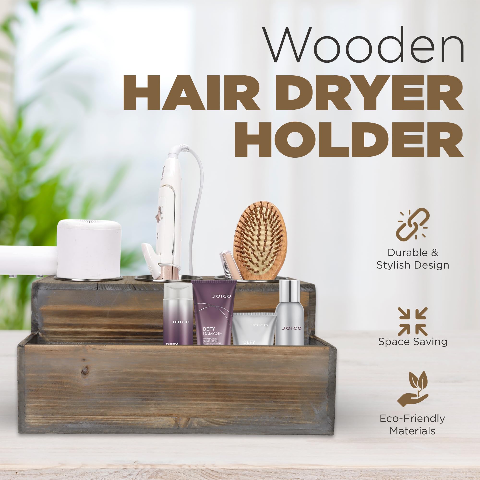 Besti Wooden Hair Dryer Holder β Hair Tools and Styling Supplies Organizer and Storage for Vanity and Bathroom - Natural Elegant Design - Multi-Functional Caddy for Accessories, Makeup, Toiletries