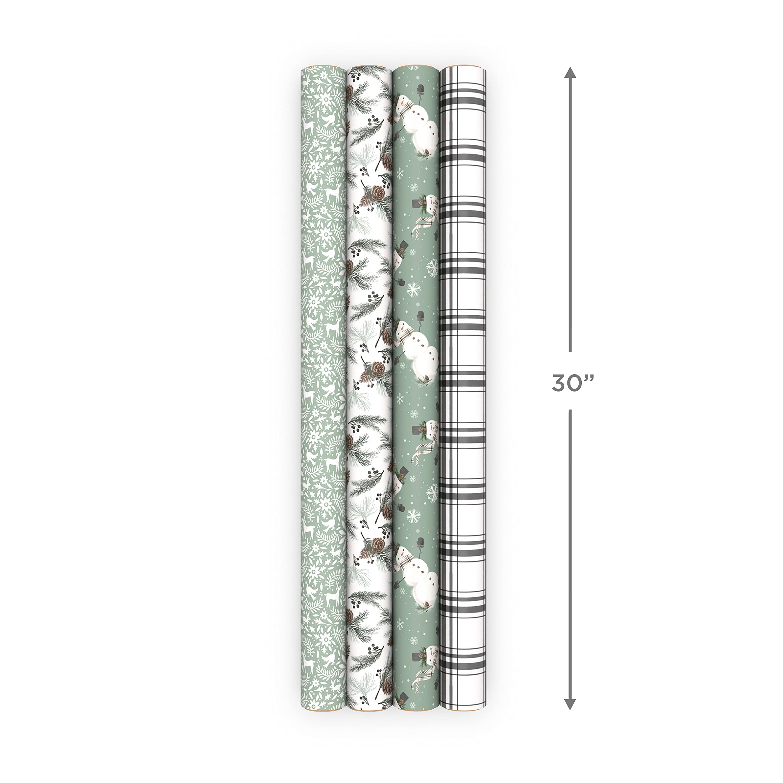 Hallmark Recyclable Neutral Christmas Wrapping Paper (4 Rolls: 100 Sq. Ft. Ttl) White and Sage Green Evergreen Pinecones, Rustic Snowmen, Plaid, Nordic Deer and Foliage