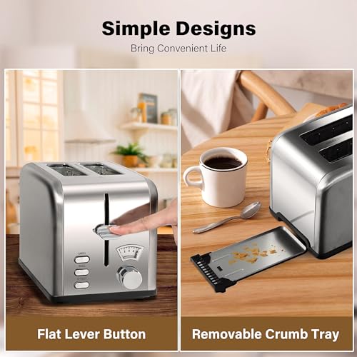 Simple Deluxe Stainless Steel Toaster 2 Slice with 1.5β Wide Slot & Removable Crumb Tray, 5 Shade Options and Bagel/Defrost/Cancel Functions, for Various Bread & Waffle, Retro Silver