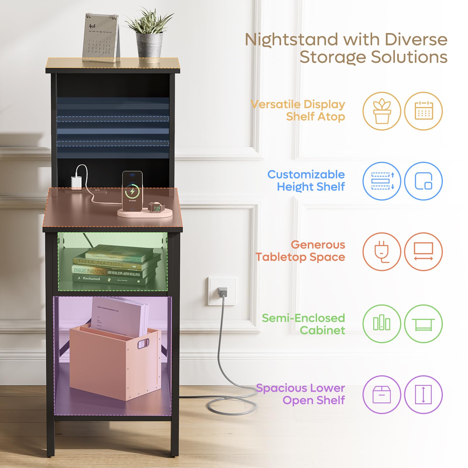 Bestier Tall Bedroom End Tables Set of 2 Two Nightstands Set of 2 Two Nightstands Bedside Tables with USB Tall Nightstand with Charging Station Tall Narrow Nightstand with Cabinet Side Table Black