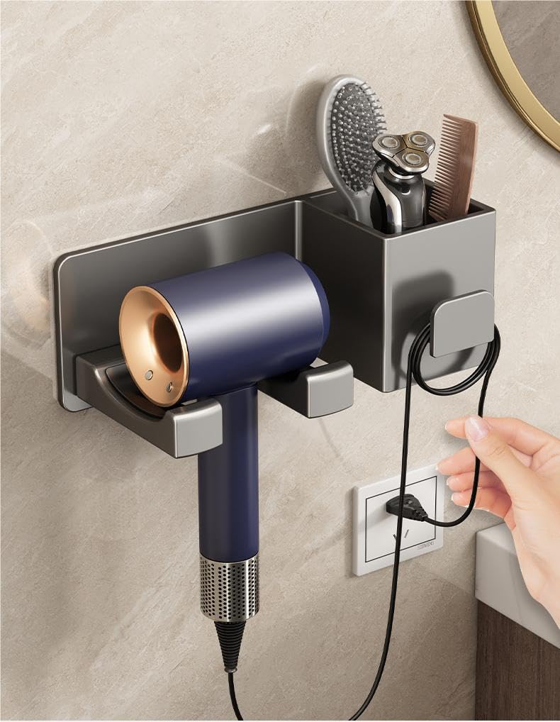 ALOeu Hair Dryer Holder Wall Mounted, Aluminum Organizer Rack with Self Adhesive for Shark or Dyson Supersonic Hair Dryer, grey