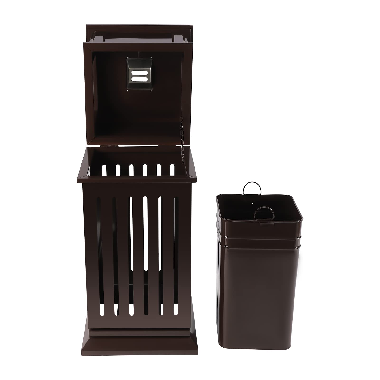 DYRABREST 10 Gallon Outdoor Trash Can Brown Commercial Garbage with Locking Lid & Ashtray, Waterproof Garbage Can Heavy Duty Industrial Garage Waste Container for Patio, Backyard, Deck