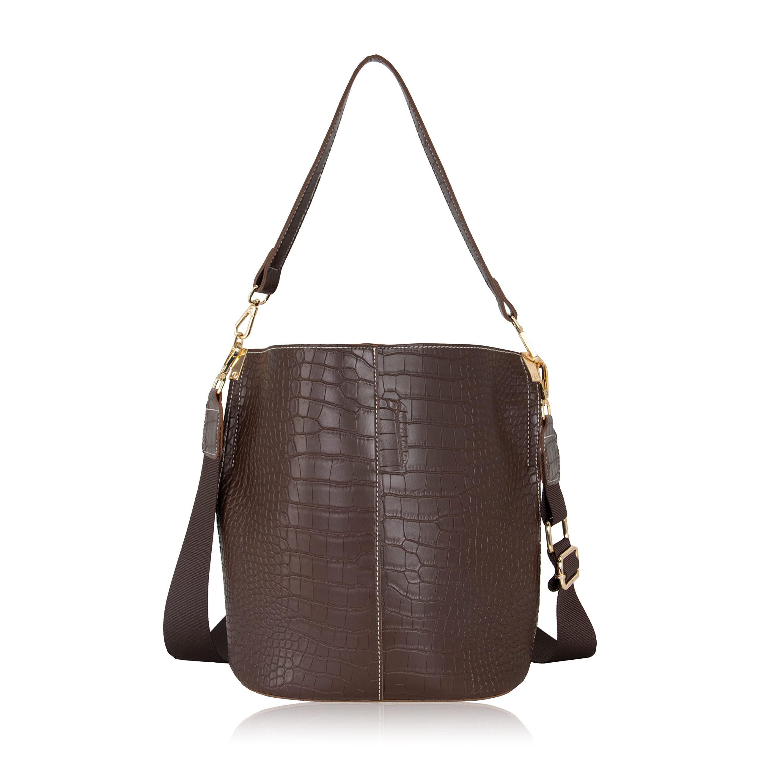 Hirooms Women retro design shoulder bag crocodile leather large capacity bucket handbag (Brown)