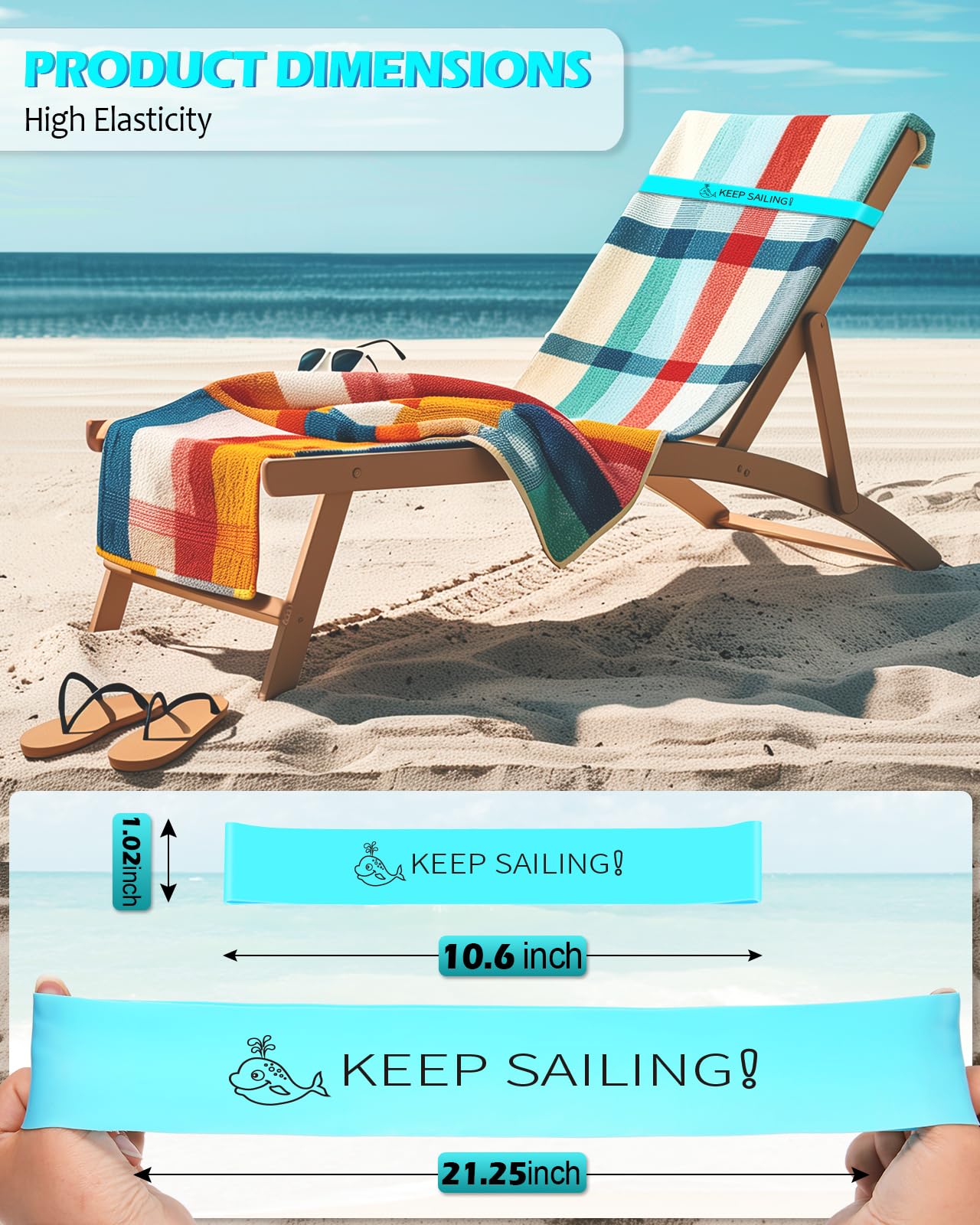 Beach Towel Bands, Stretch Rubber for Pool & Beach Chairs, Extra Durable, No Snapping, Cruise Ship & Beach Travel Essentials, Great Alternative to Beach Towel Clips (6 Pack)