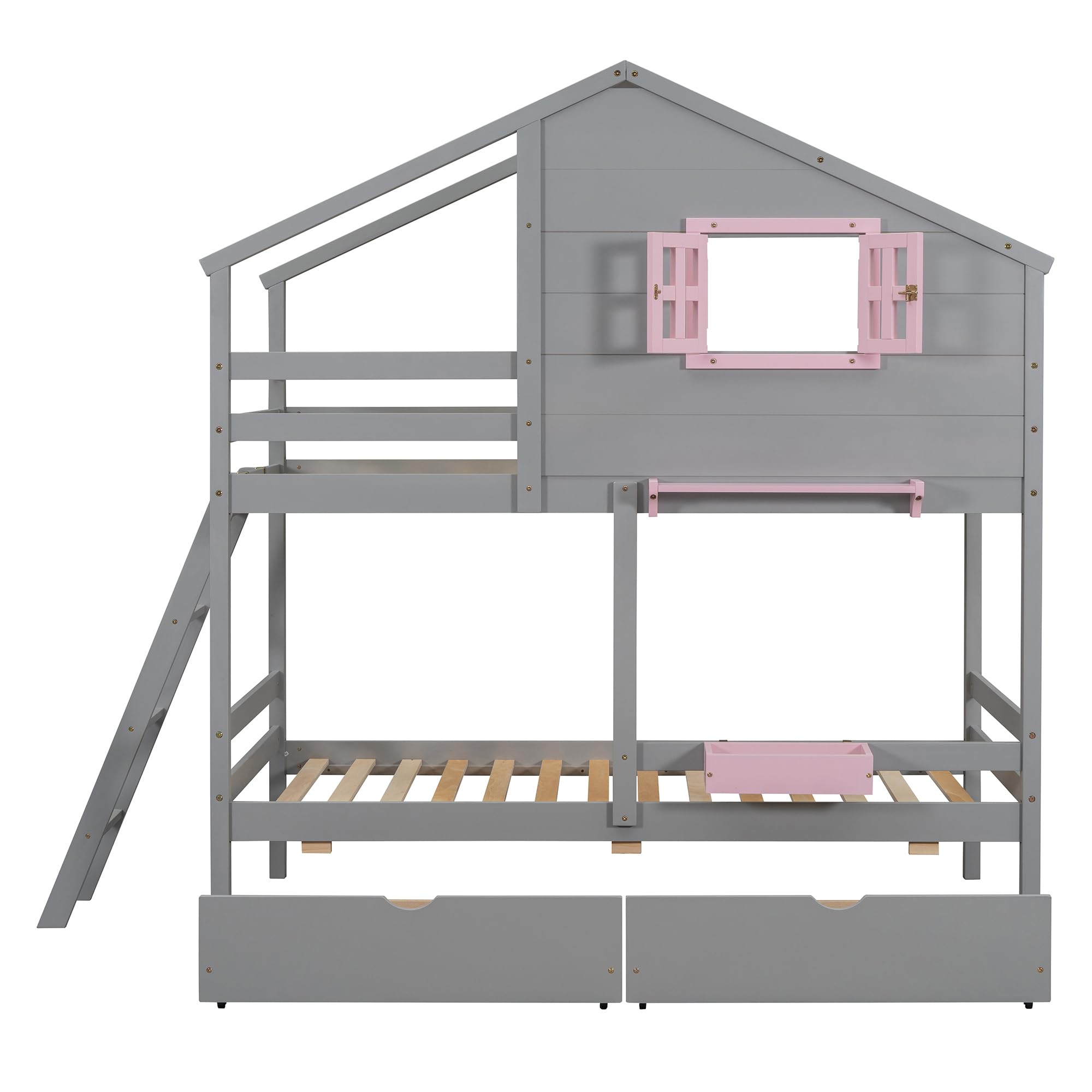 Harper & Bright Designs Twin Size House Bed Low Loft Bed Wood Frame with Storage Cabinet and Drawers, Playhouse Bed for Kids Girls Boys (White)