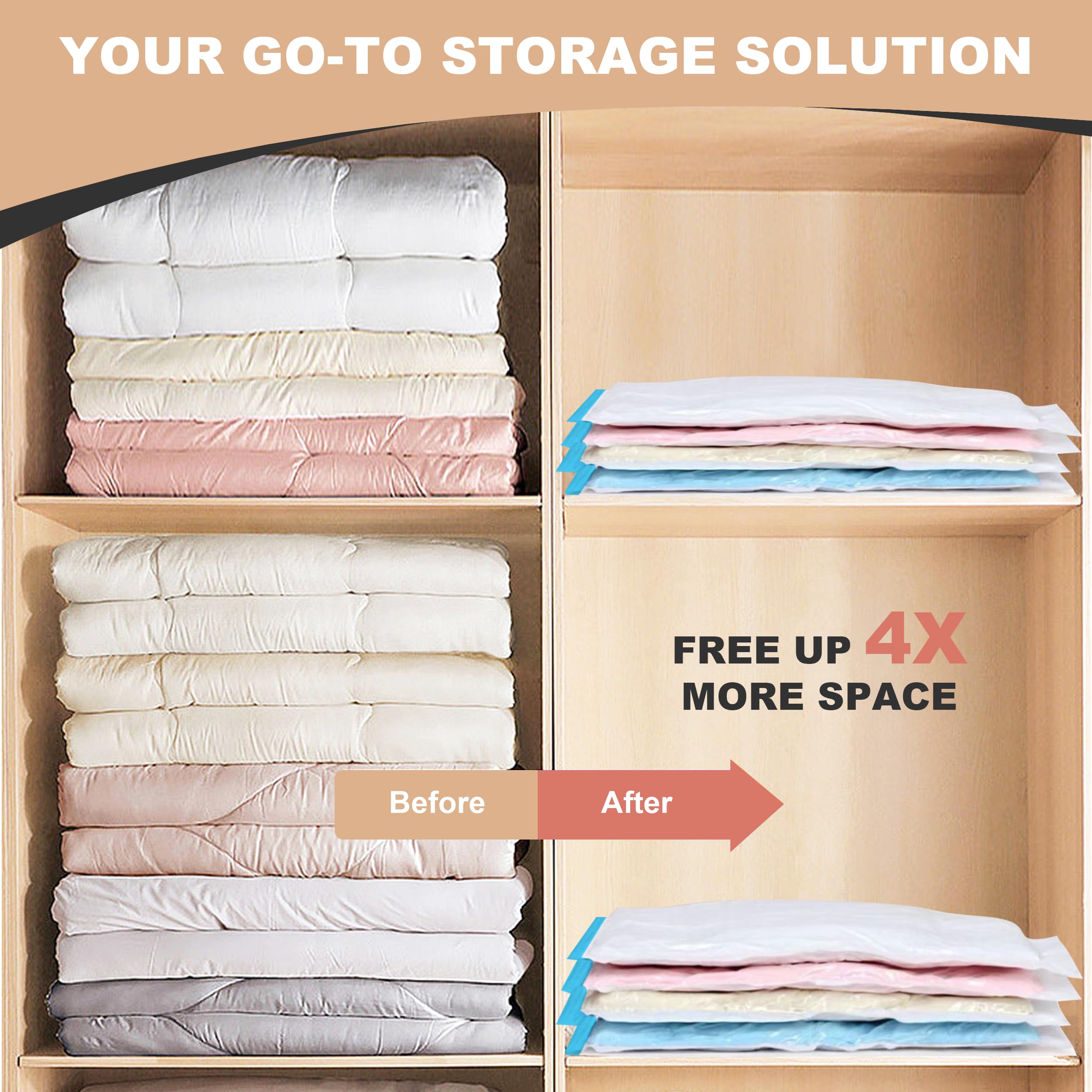 NATURELUX Vacuum Storage Bags, 20-Pack Space Saver, Zipper Vacuum Sealed Bags for Clothing, Clothes, Comforters and Blankets,Hand Pump Included (4 Jumbo/4 Large/4 Medium/8 Small)