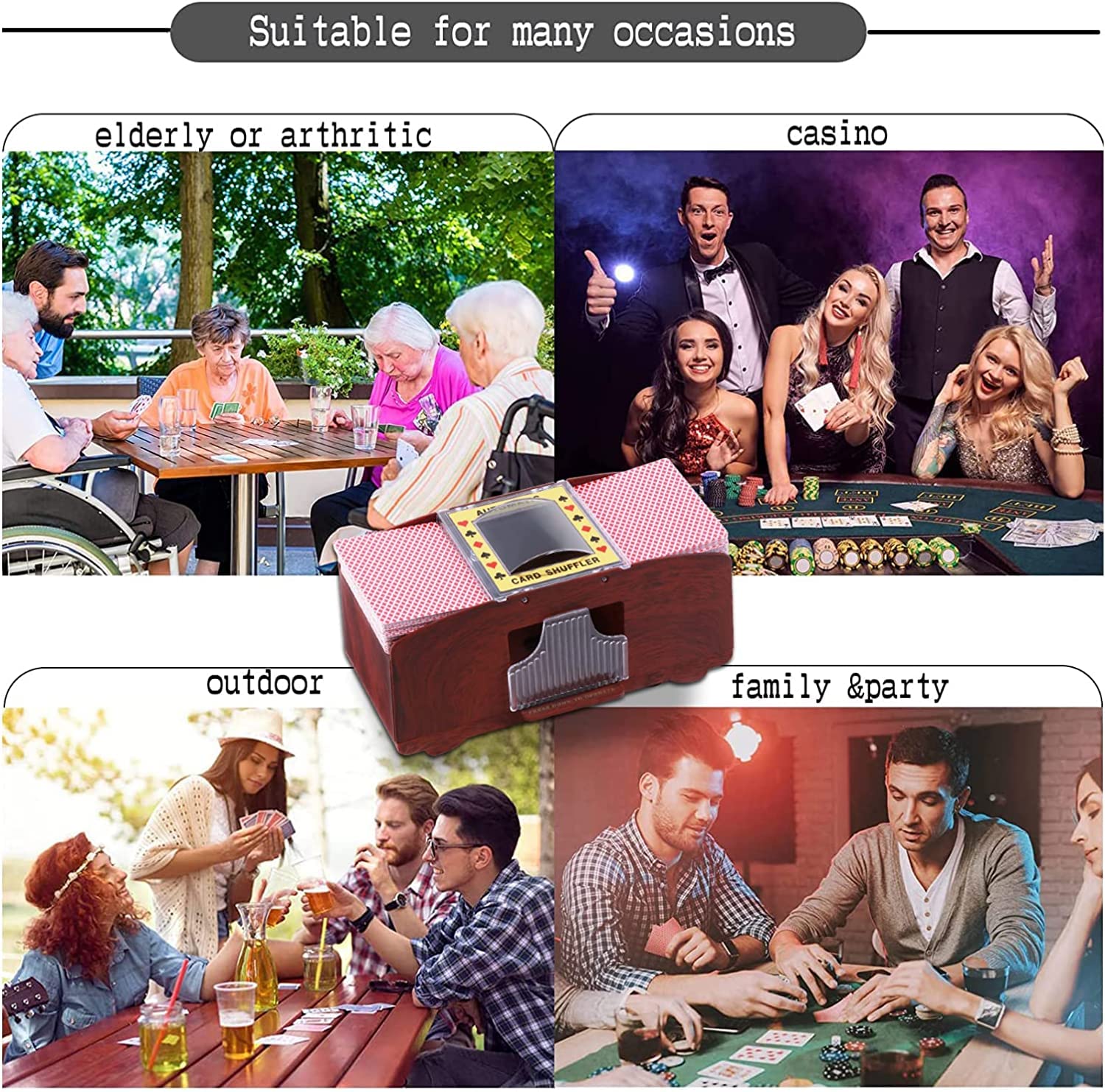 HJCMikee 1 to 2 Deck Automatic Card Shuffler Luxury Wood Grain Professional Casino Poker Cards Shuffle Machine Playing Blackjack Game Battery Operated Or USB Electric Equipment
