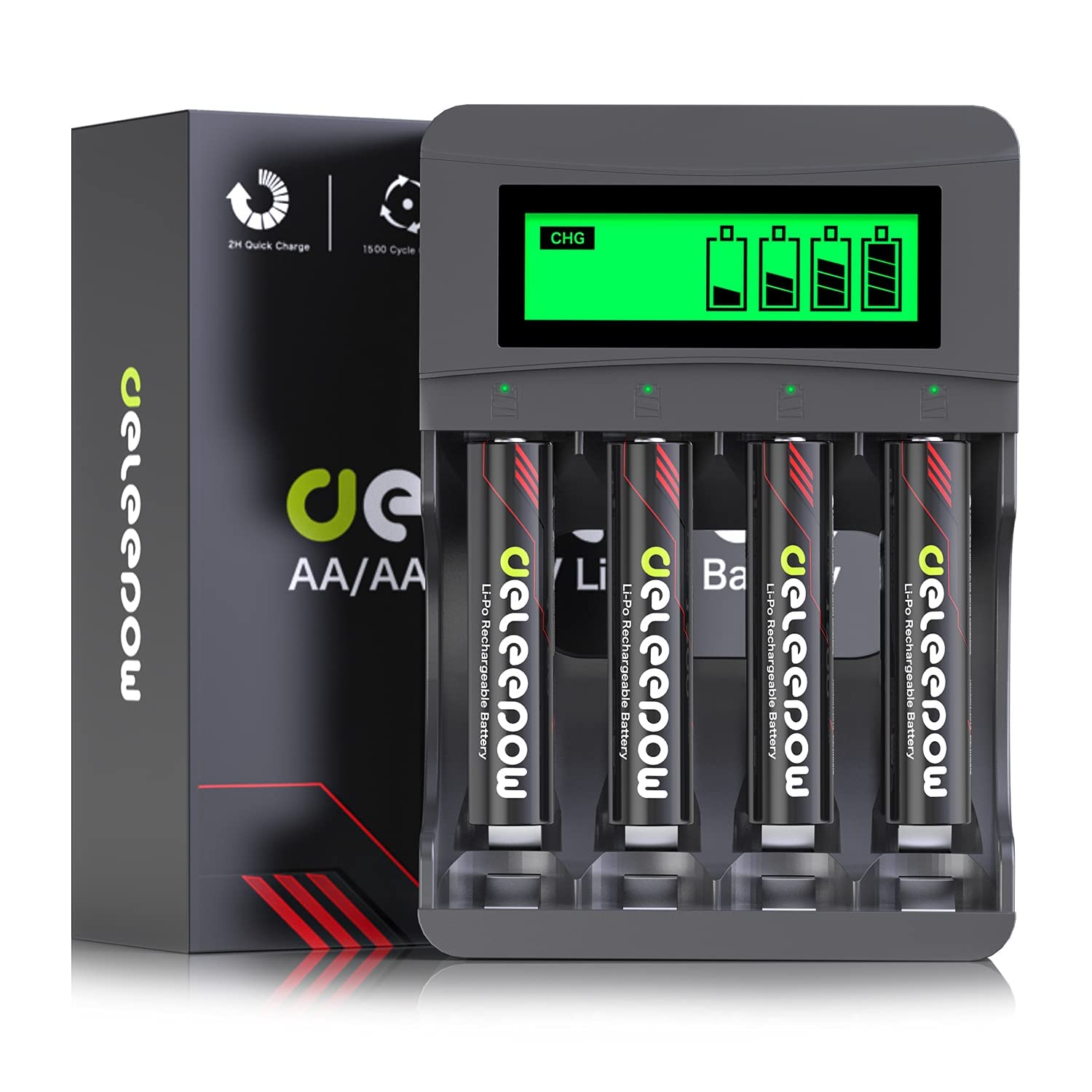 Deleepow Rechargeable AAA Batteries 1200mWh AAA Lithium Rechargeable Batteries 4-Pack 1.5V 1500 Cycle with LCD Charger