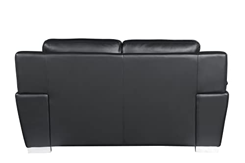 Blackjack Furniture Binion Modern Leather Loveseat for Living Room with Padded Headrests, Stainless Steel Legs & Accent Chrome Trim, Black